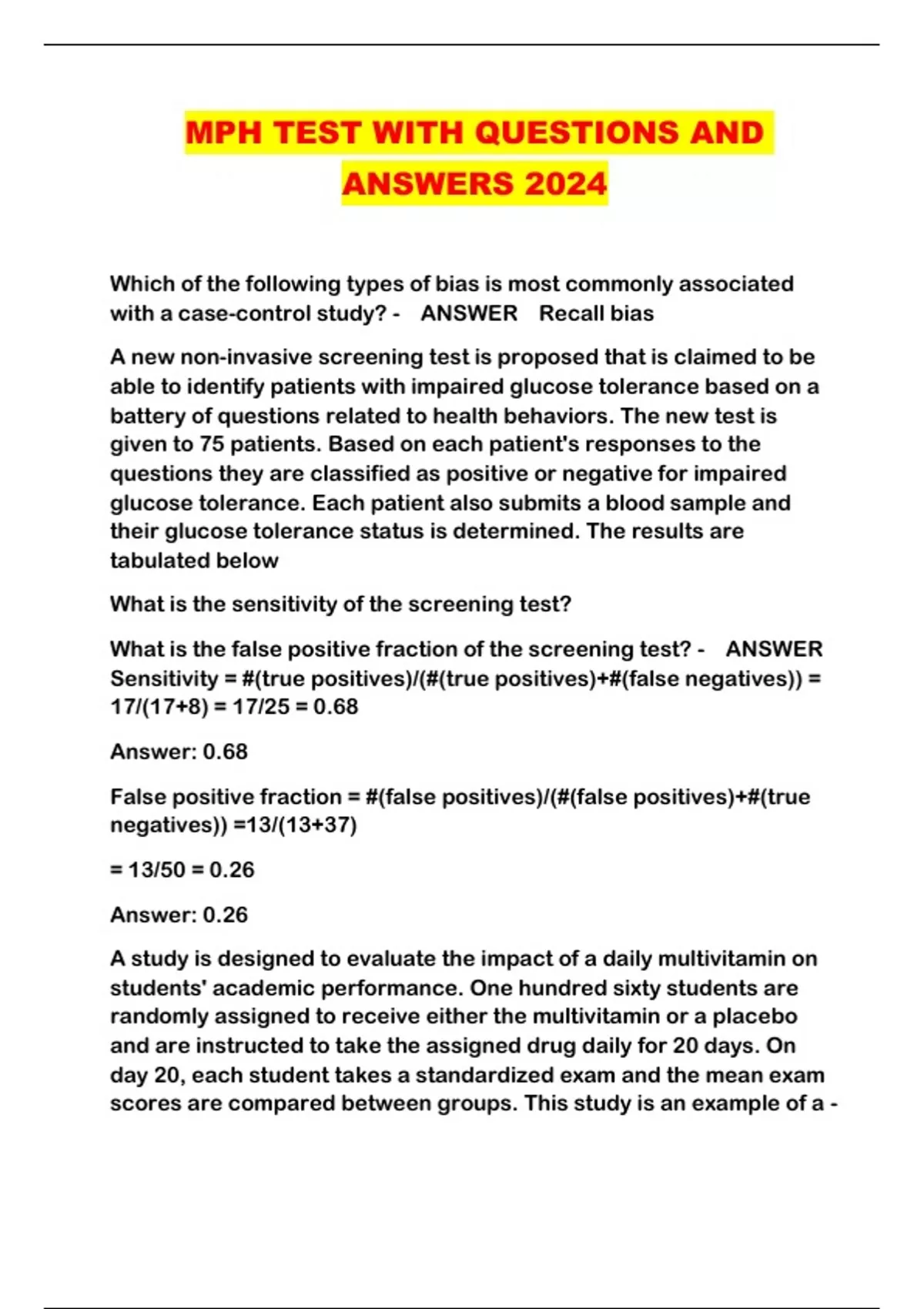MPH TEST WITH QUESTIONS AND ANSWERS 2024 - MPH - Stuvia US