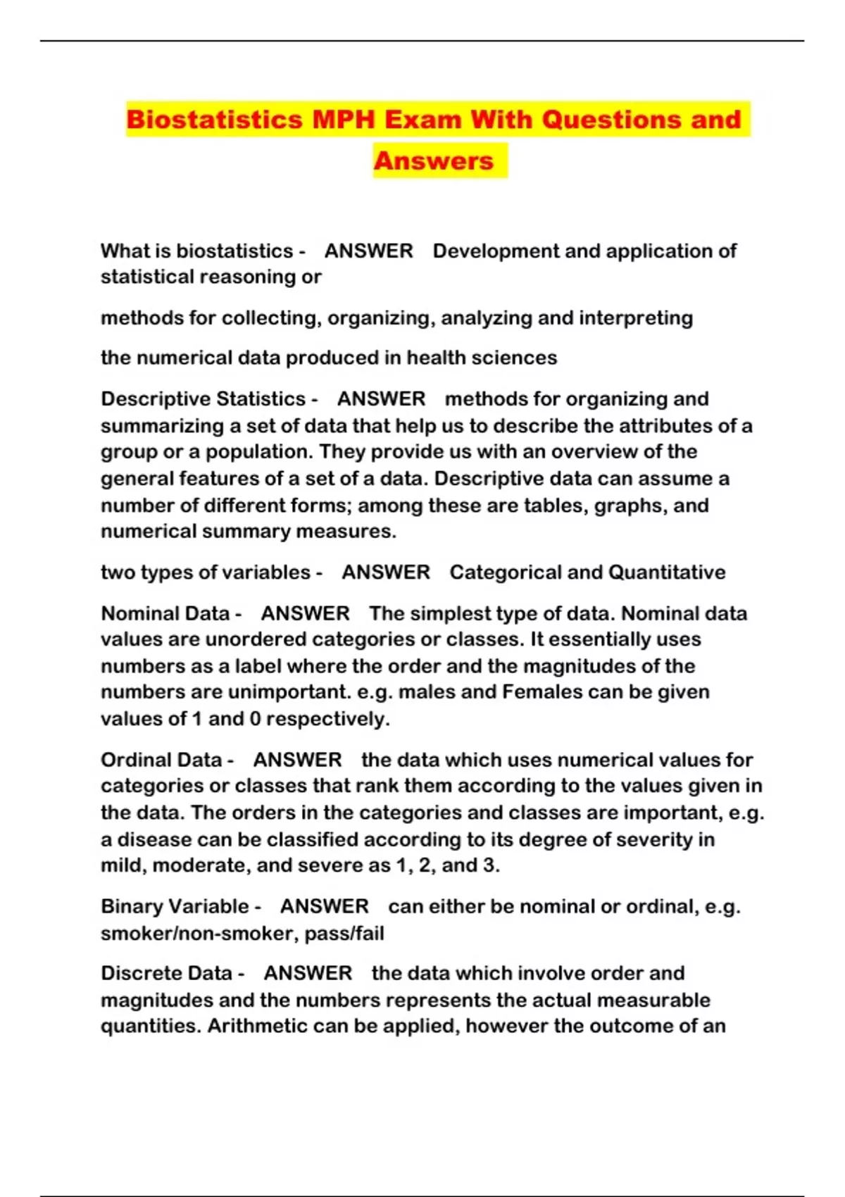Biostatistics MPH Exam With Questions and Answers - Biostatistics MPH - Stuvia US