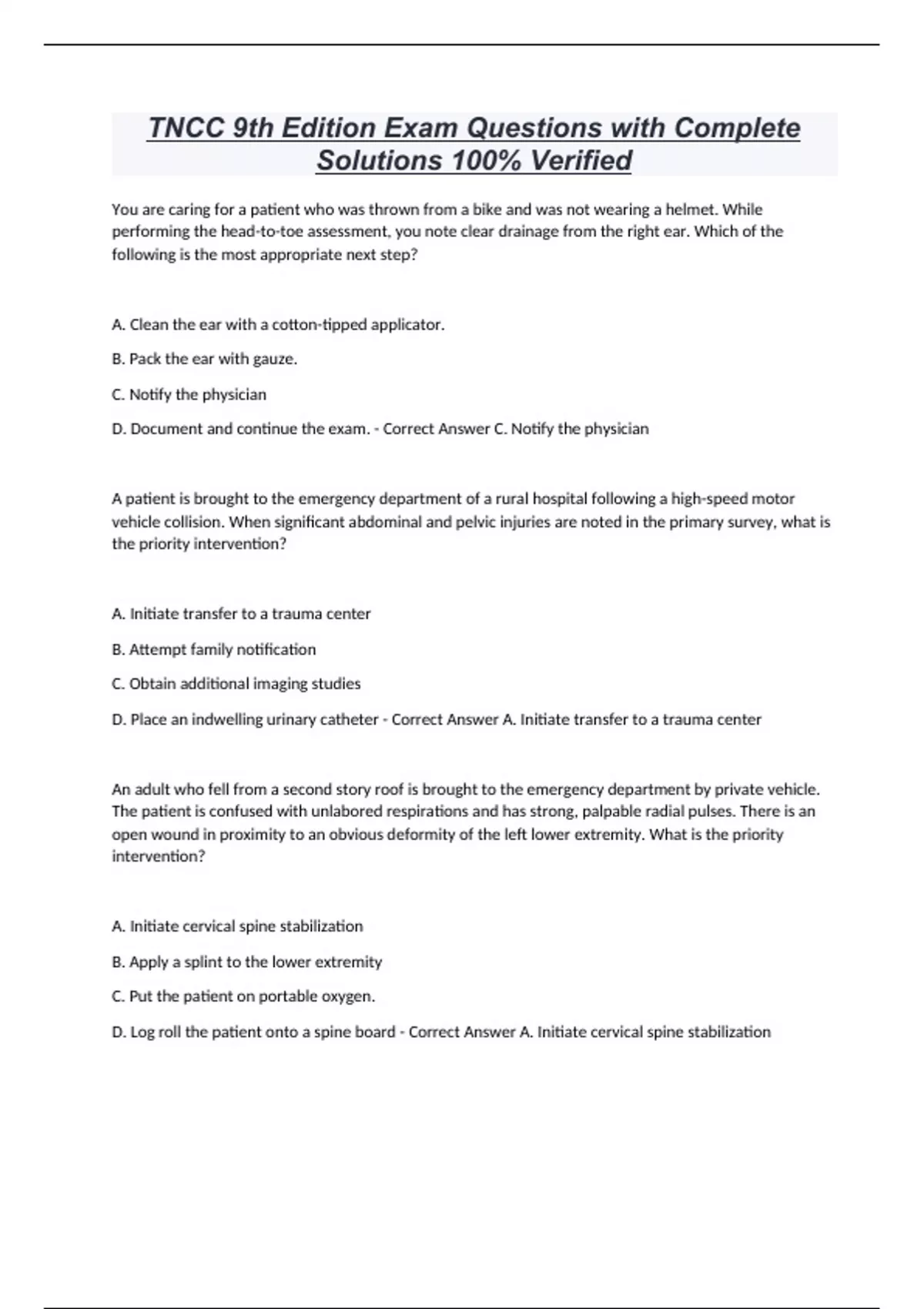 TNCC 9th Edition Exam Questions with Complete Solutions 100% Verified ...