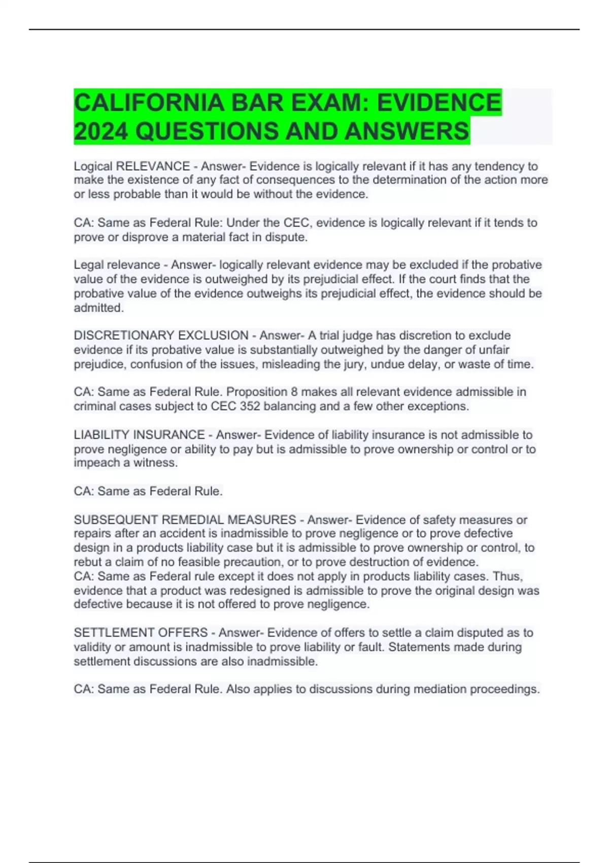 CALIFORNIA BAR EXAM: EVIDENCE 2024 QUESTIONS AND ANSWERS - BAR PREPARATION - Stuvia US