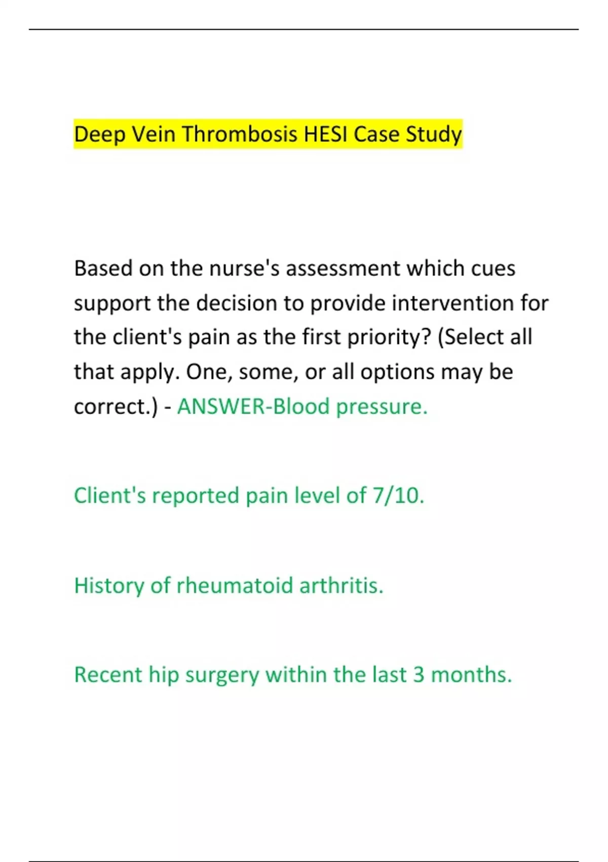 Deep Vein Thrombosis HESI Case Study - Deep Vein Thrombosis HESI Case ...