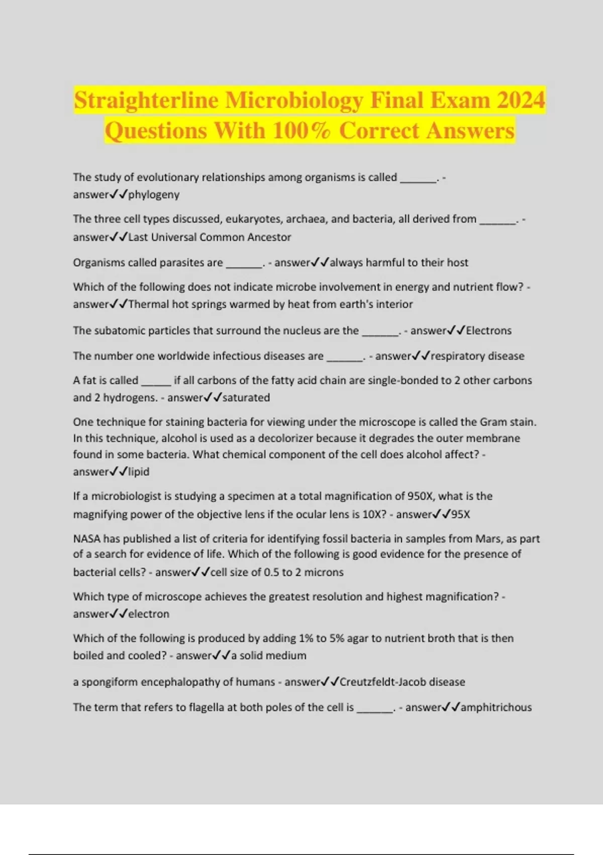 Straighterline Microbiology Final Exam 2024 Questions With 100% Correct ...
