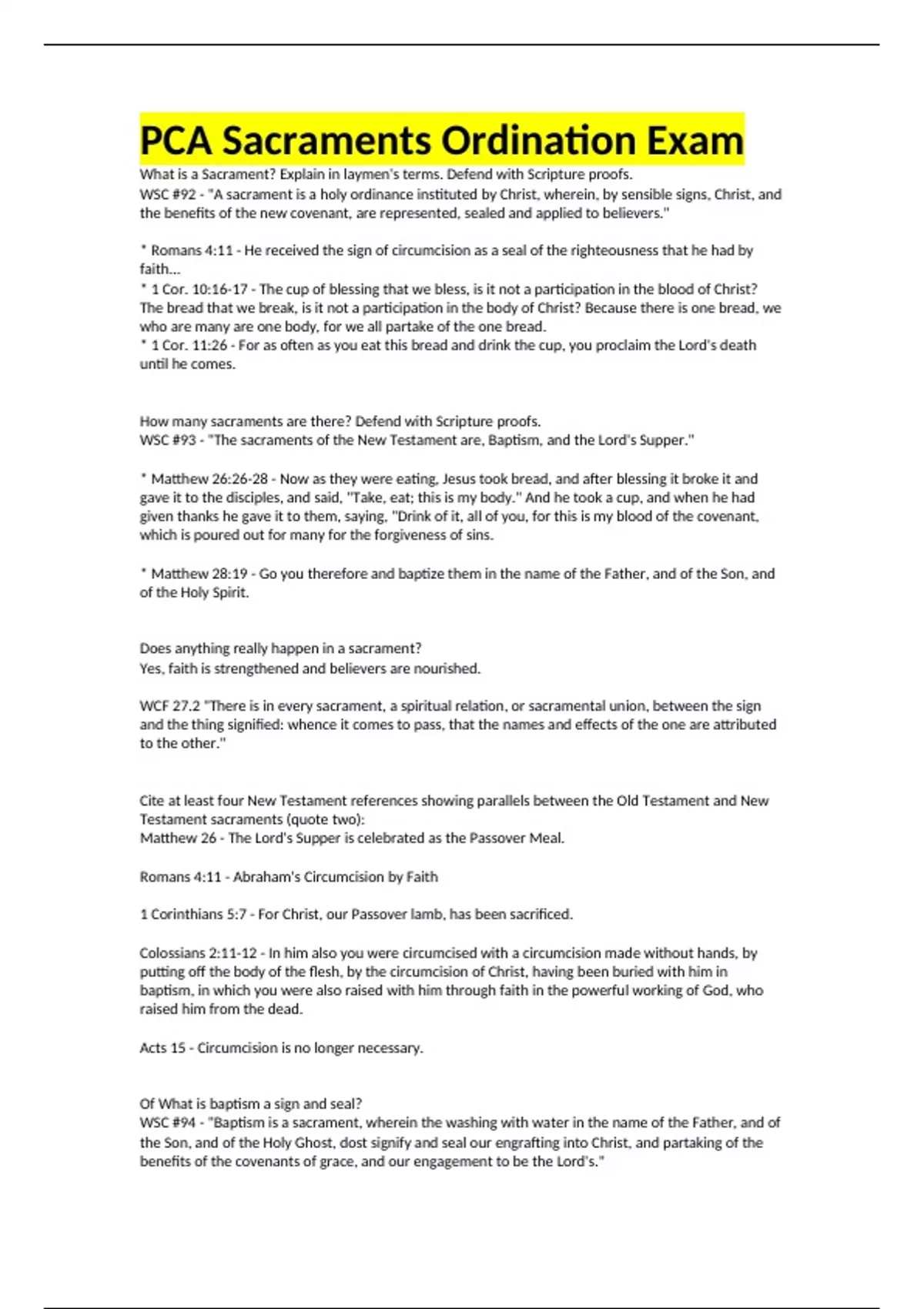 PCA Sacraments Ordination Exam - PCA - Stuvia US