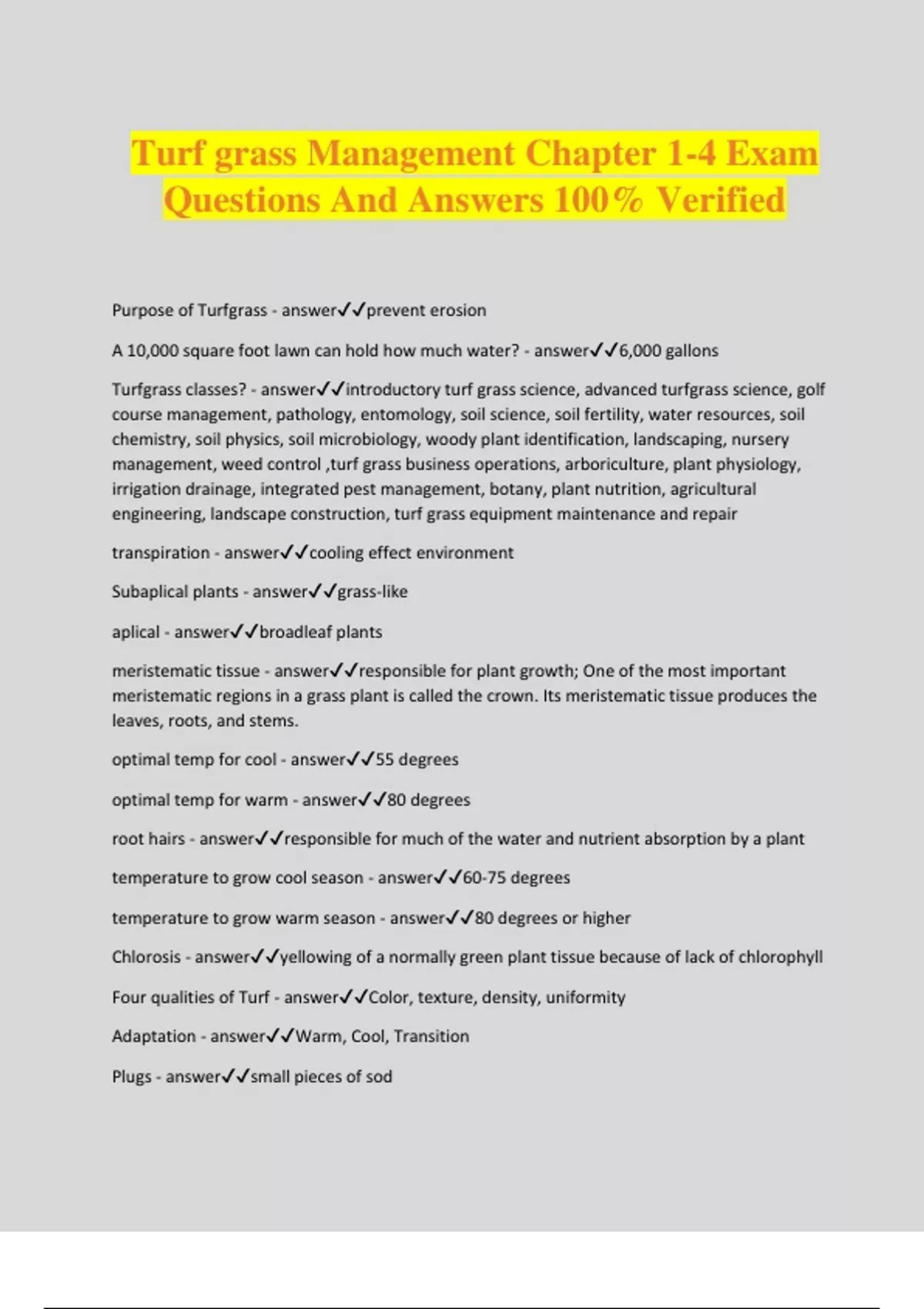 Turf grass Management Chapter 1-4 Exam Questions And Answers 100% ...