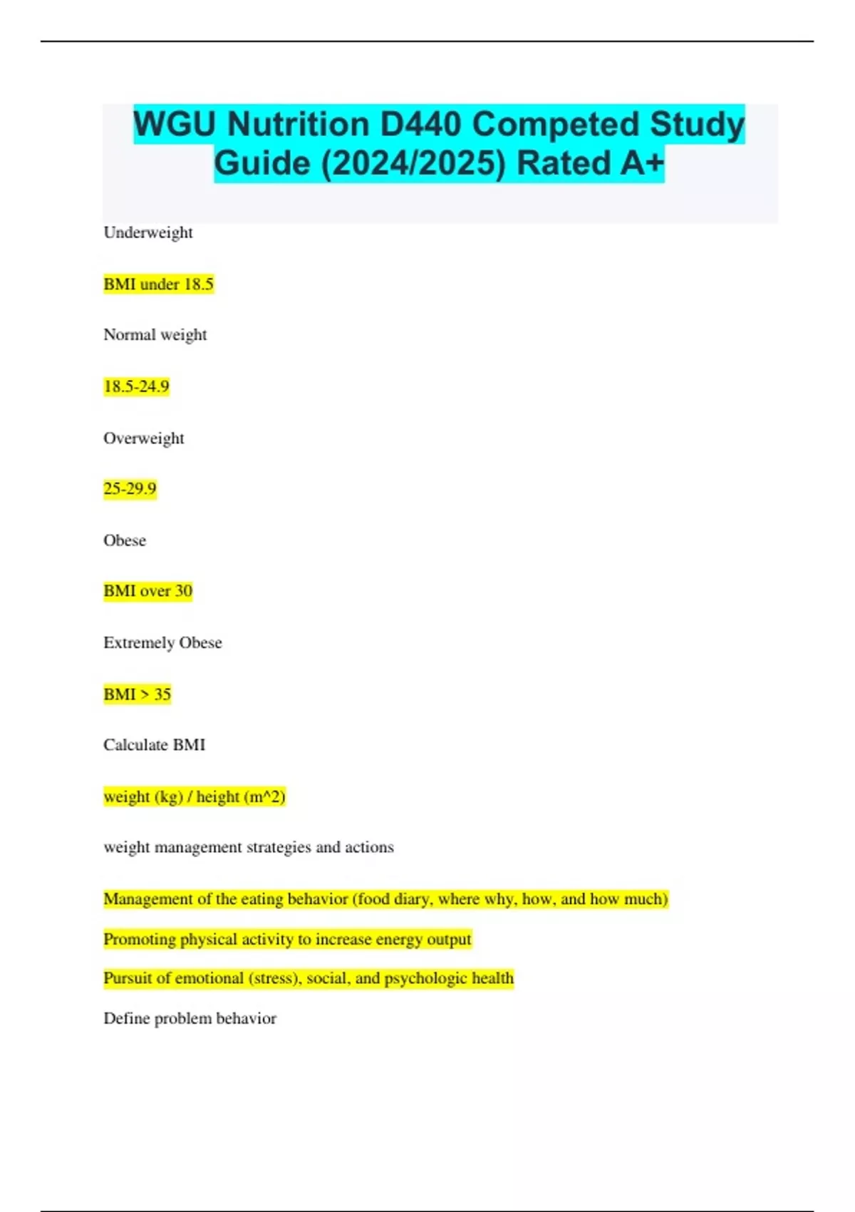 WGU Nutrition D440 Competed Study Guide (2024/2025) Rated A+ - WGU ...