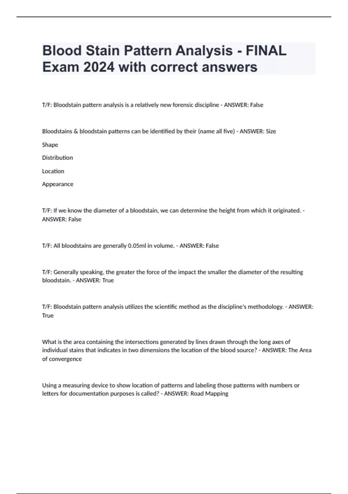 Blood Stain Pattern Analysis - FINAL Exam 2024 with correct answers - Bloodstain Pattern ...