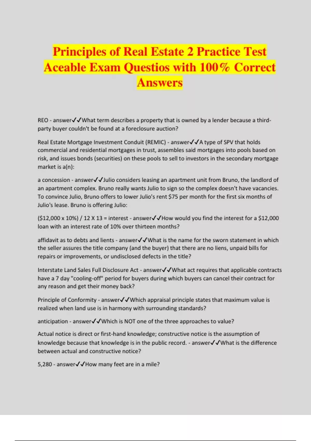 Principles of Real Estate 2 Practice Test Aceable Exam Questios with ...