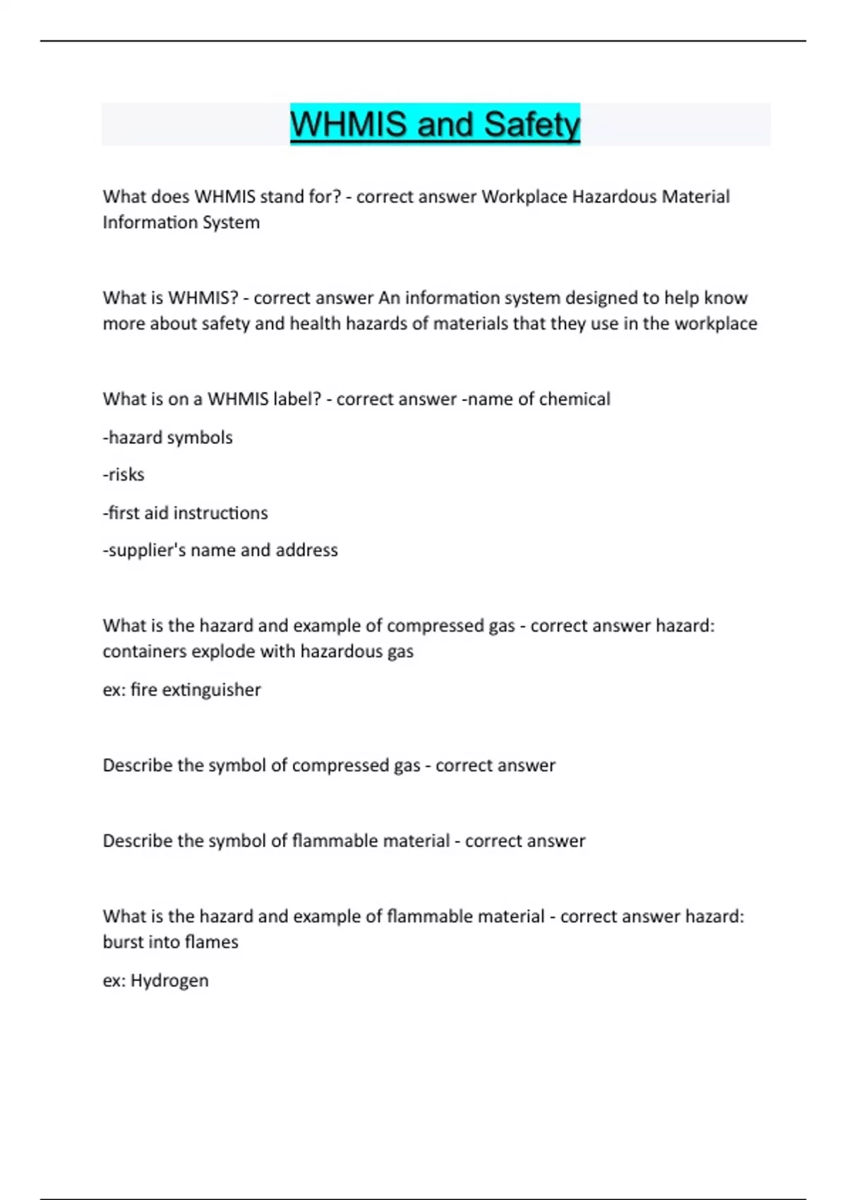 WHMIS and Safety Questions and answers latest update - Whmis - Stuvia US