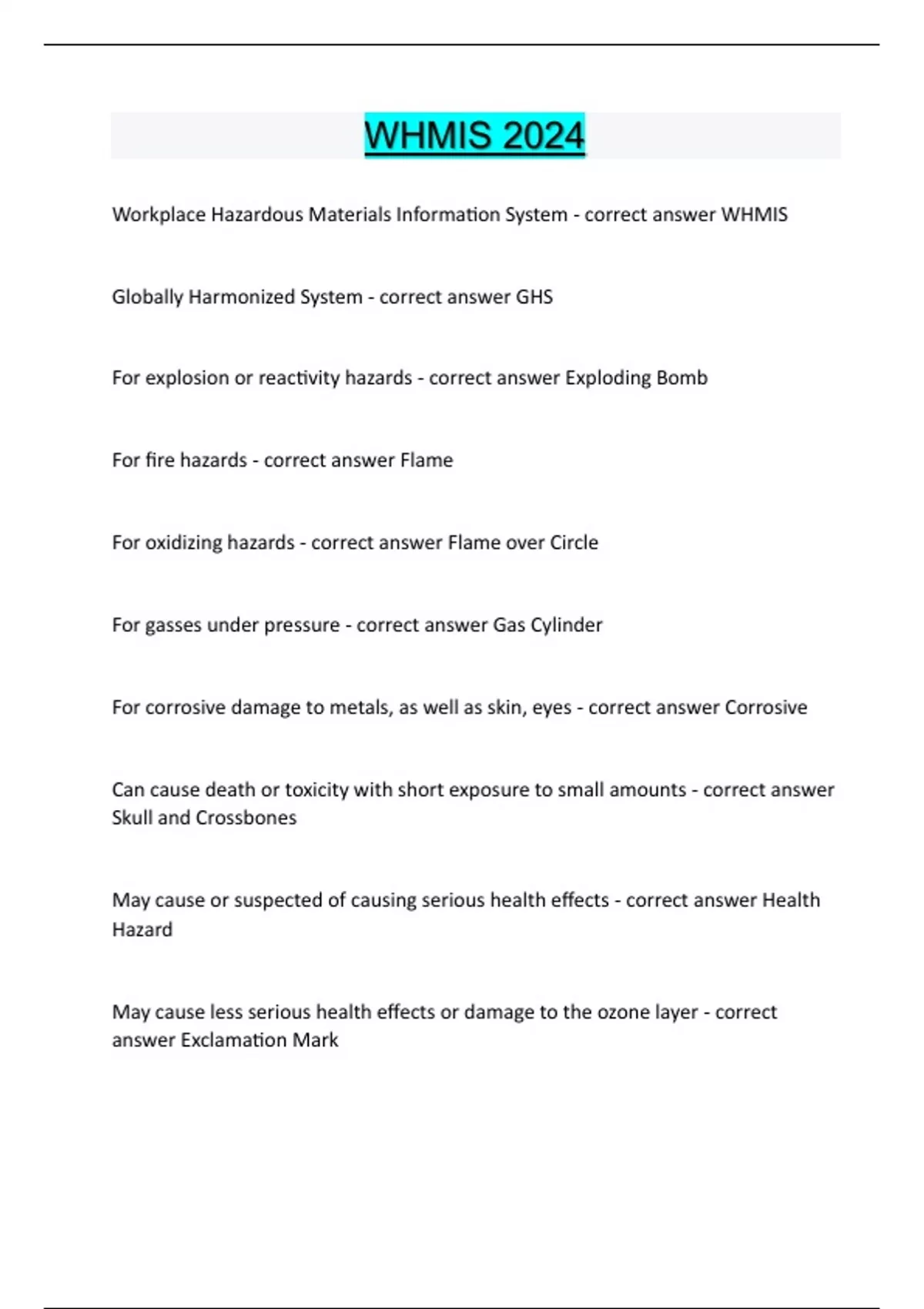 WHMIS 2024 Questions and answers latest update - Whmis - Stuvia US