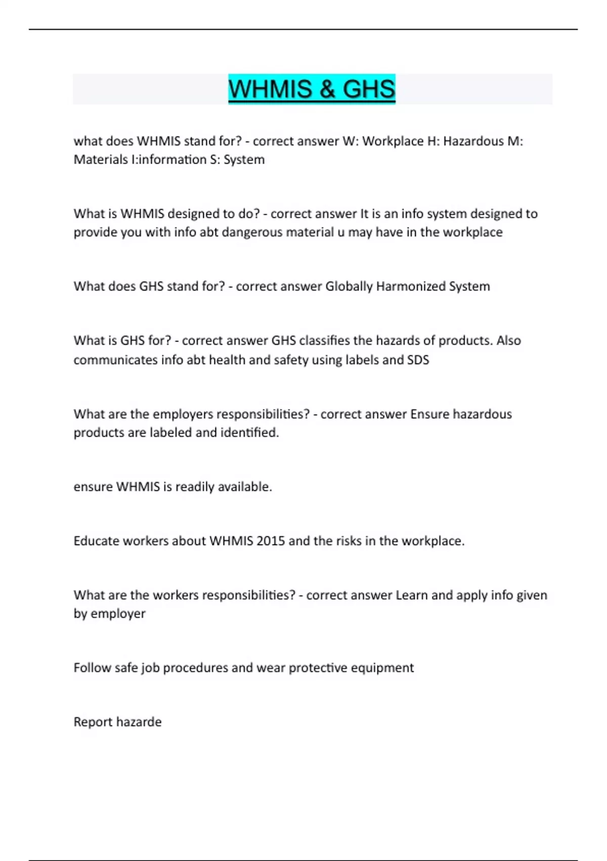 WHMIS & GHS Questions and answers latest update - Whmis - Stuvia US