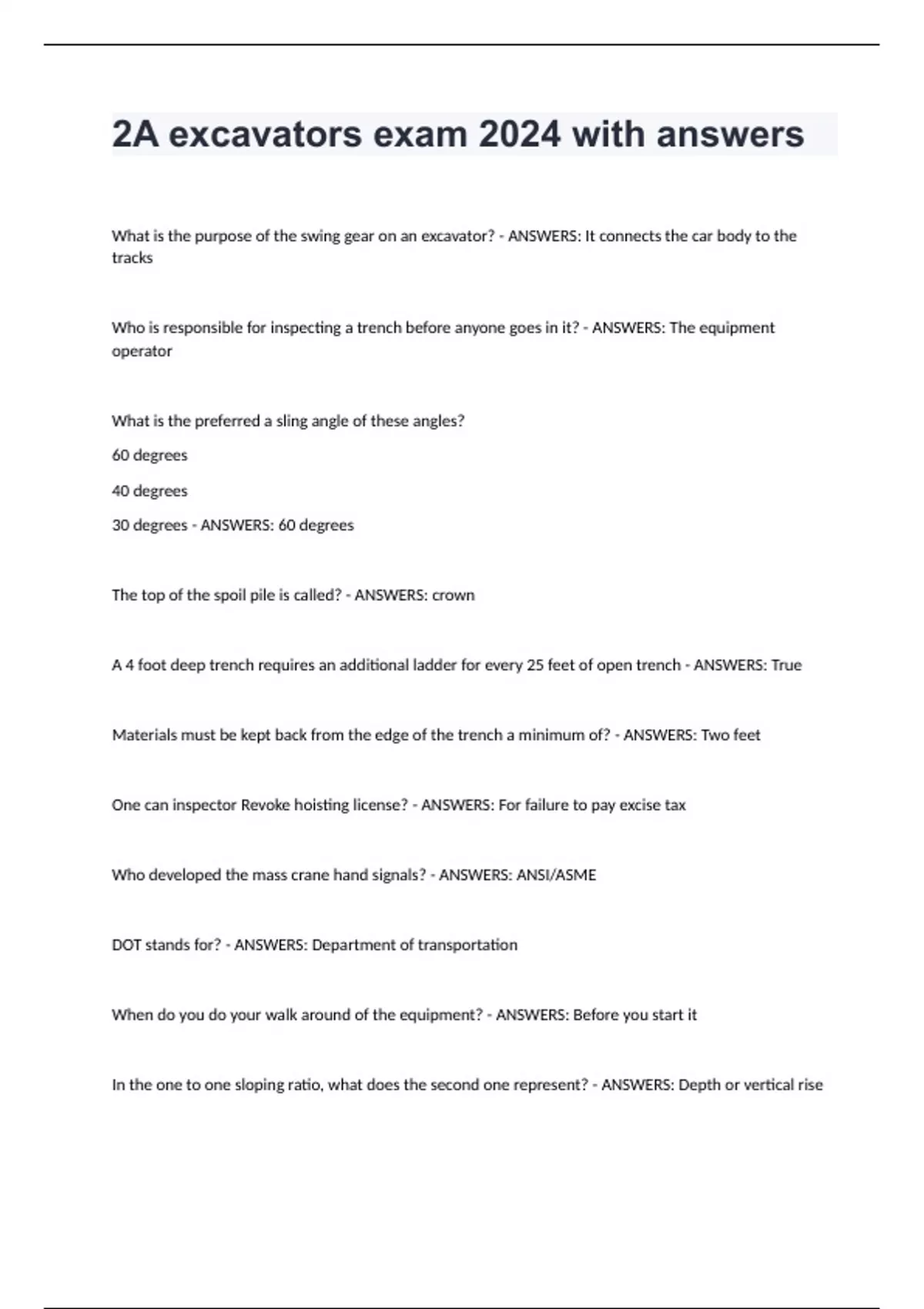 2A excavators exam 2024 with answers - Hoisting - Stuvia US