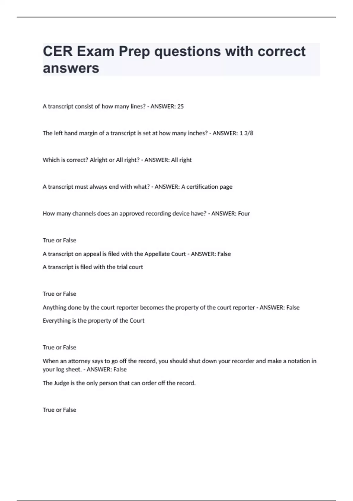 Cer Exam Prep Questions With Correct Answers Aaert Cer Stuvia Us