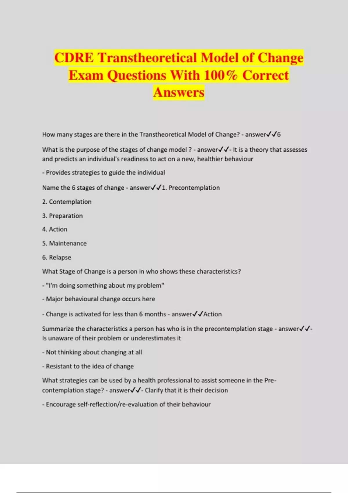 CDRE Transtheoretical Model of Change Exam Questions With 100% Correct ...