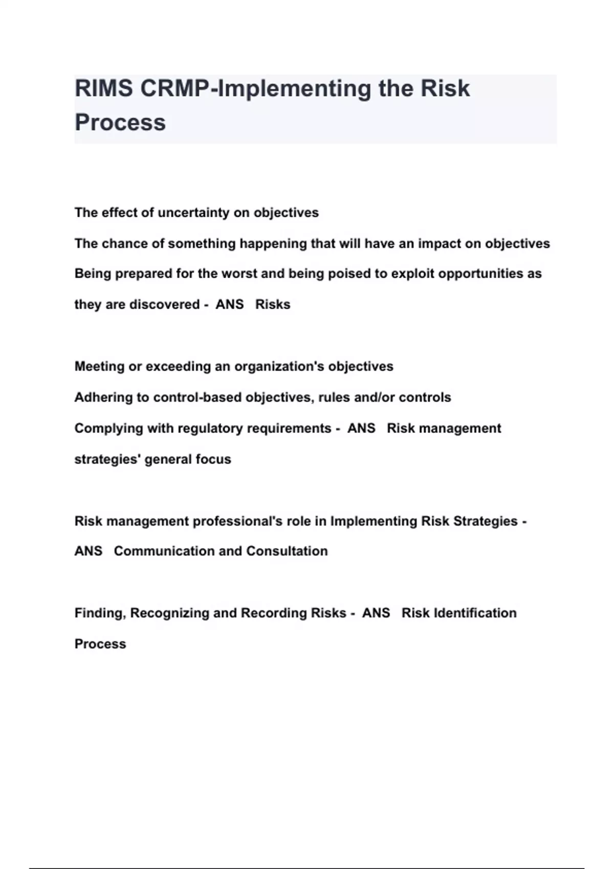 RIMS CRMP-Implementing the Risk Process QUESTIONS & ANSWERS 2024 ( A+ ...
