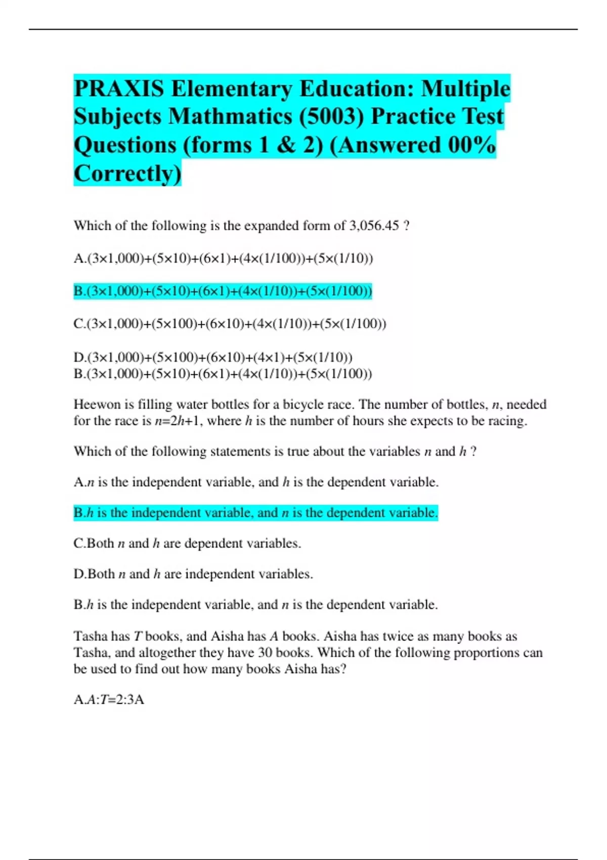 PRAXIS Elementary Education: Multiple Subjects Mathmatics (5003 ...