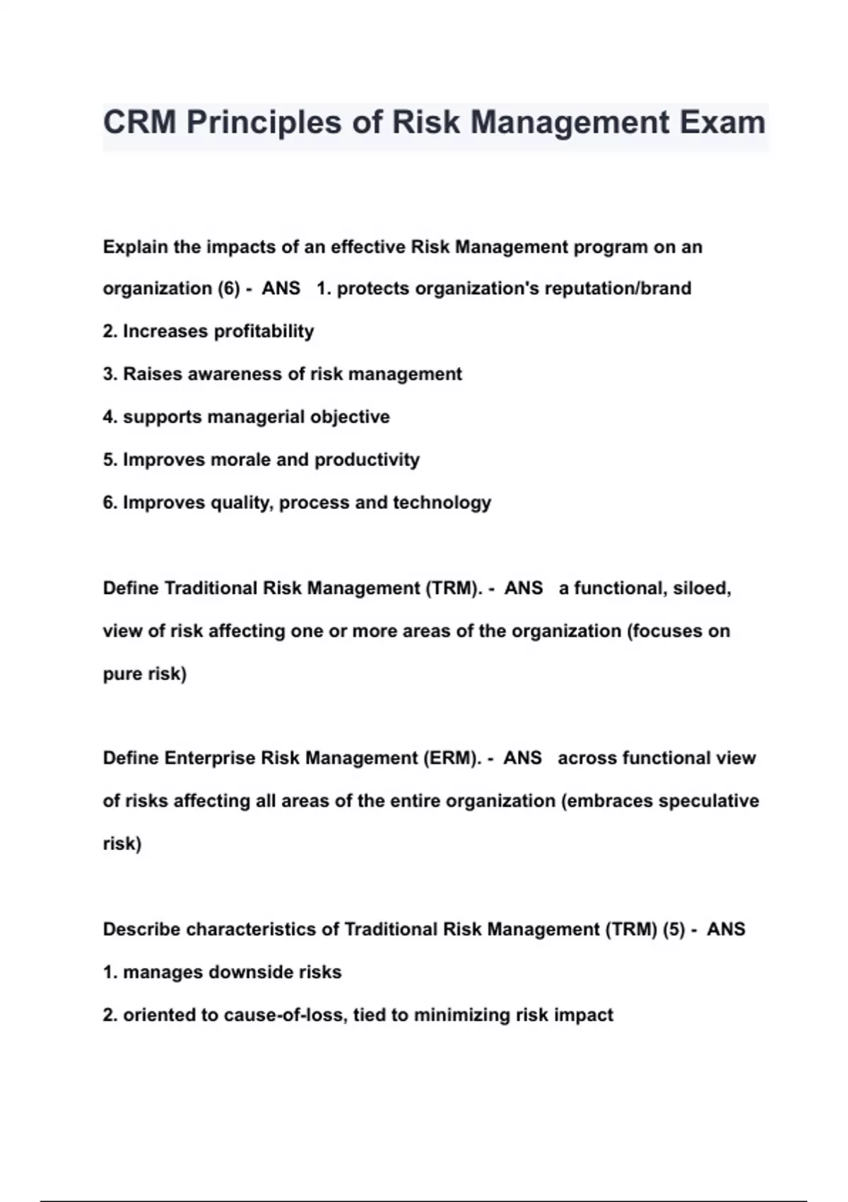 CRM Principles of Risk Management Exam QUESTIONS & ANSWERS 2024 ( A+ ...