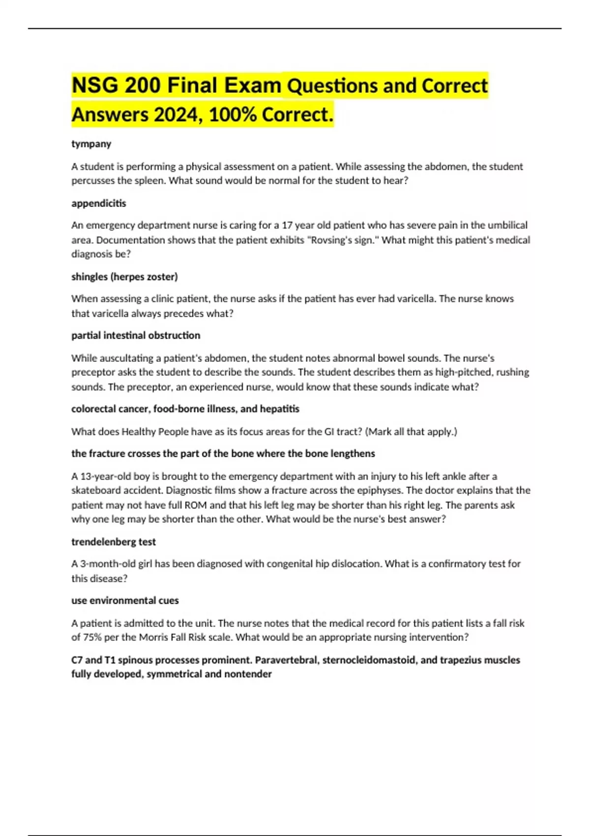 NSG 200 Final Exam Questions and Correct Answers 2024, 100% Correct. - NSG 200 - Stuvia US