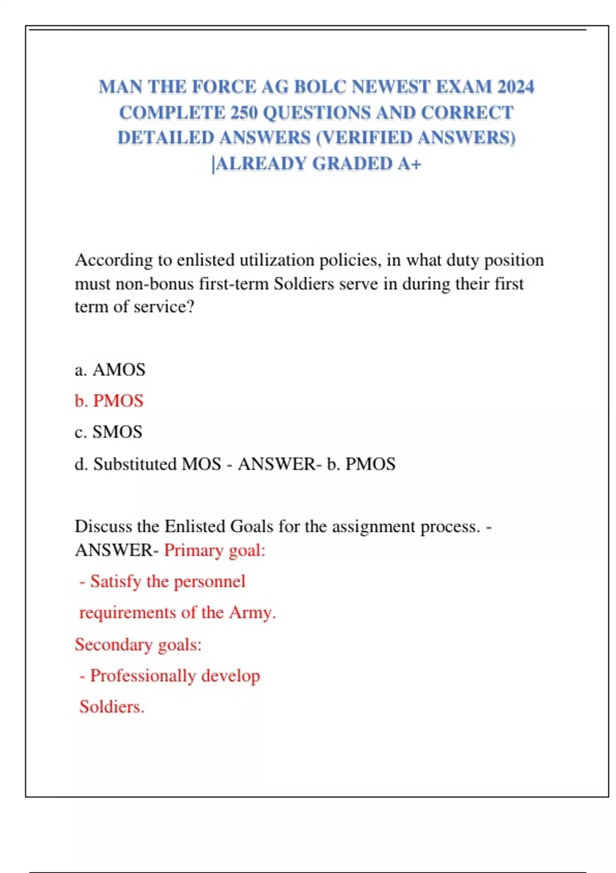 MAN THE FORCE AG BOLC NEWEST EXAM 2024 COMPLETE 250 QUESTIONS AND ...
