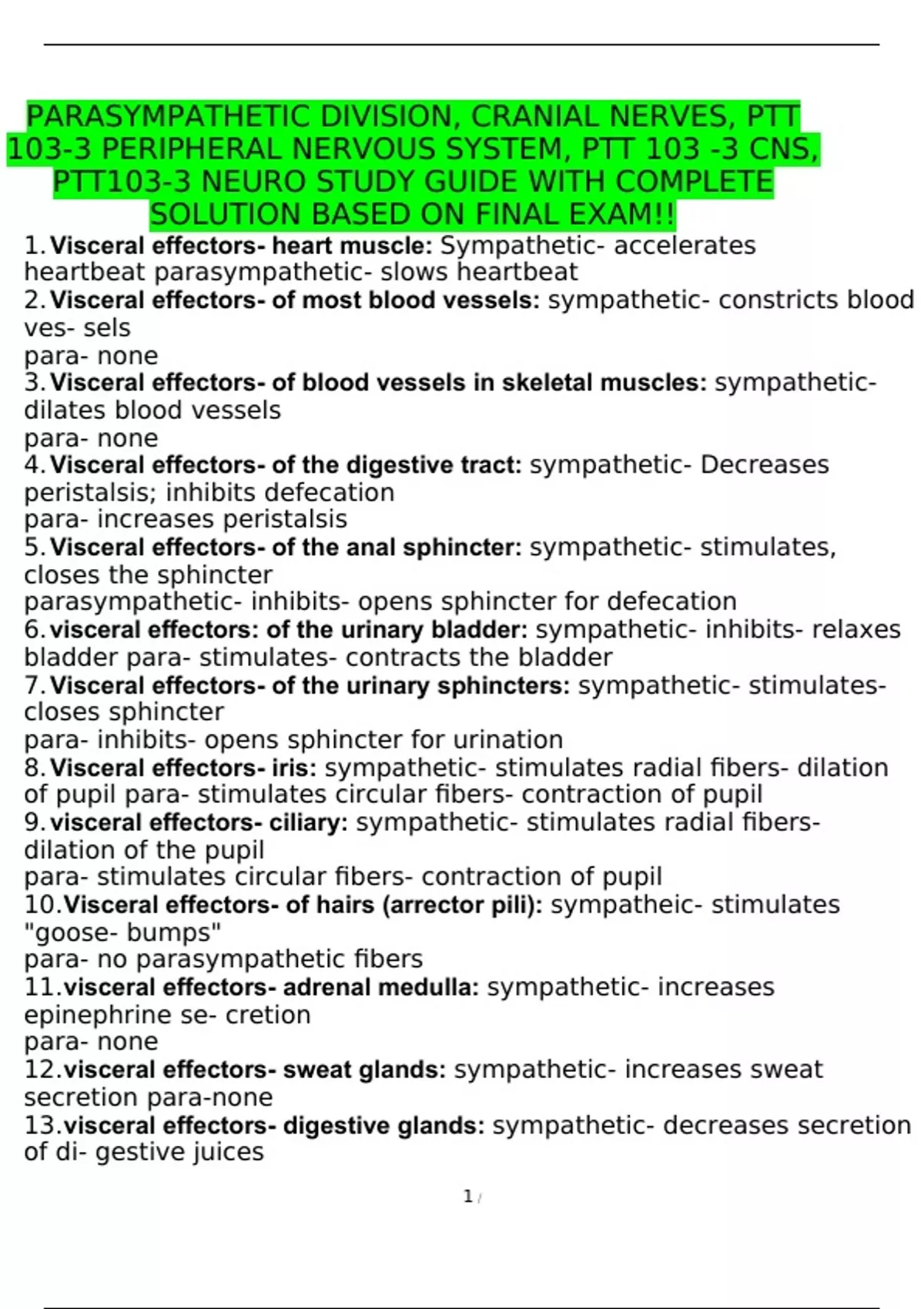 PARASYMPATHETIC DIVISION, CRANIAL NERVES, PTT 103-3 PERIPHERAL NERVOUS ...