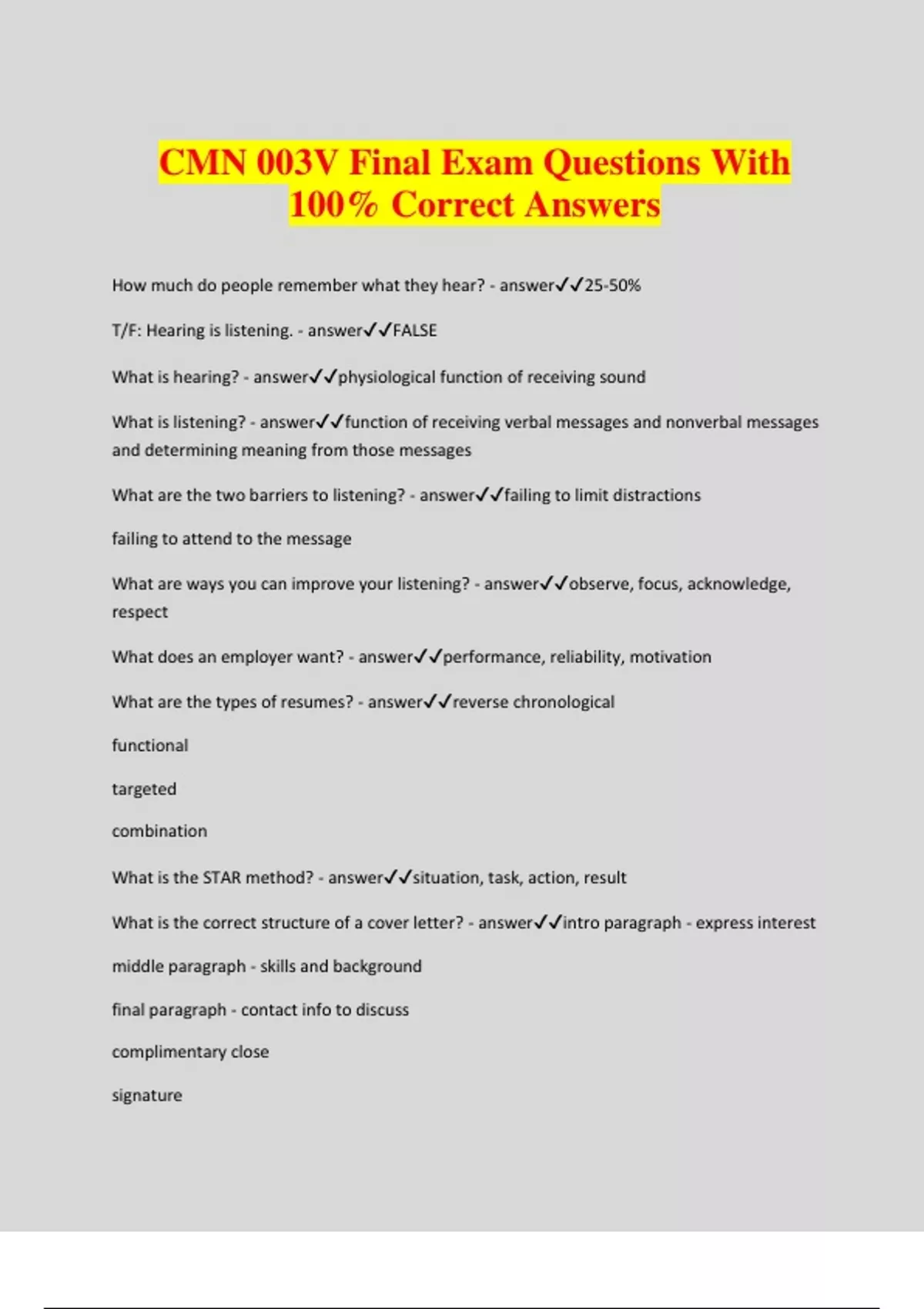 CMN 003V Final Exam Questions With 100% Correct Answers - CMN 003V - Stuvia US