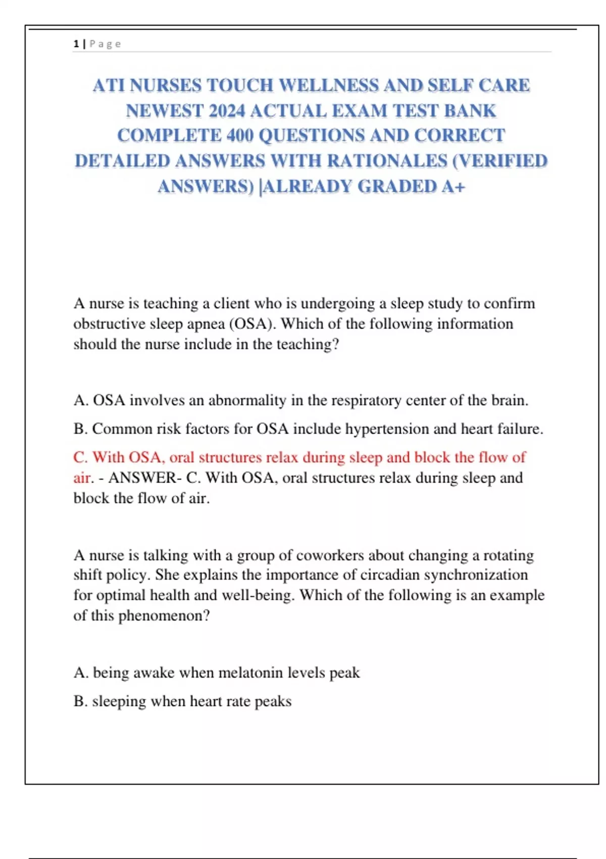 ATI NURSES TOUCH WELLNESS AND SELF CARE NEWEST 2024 ACTUAL EXAM TEST ...