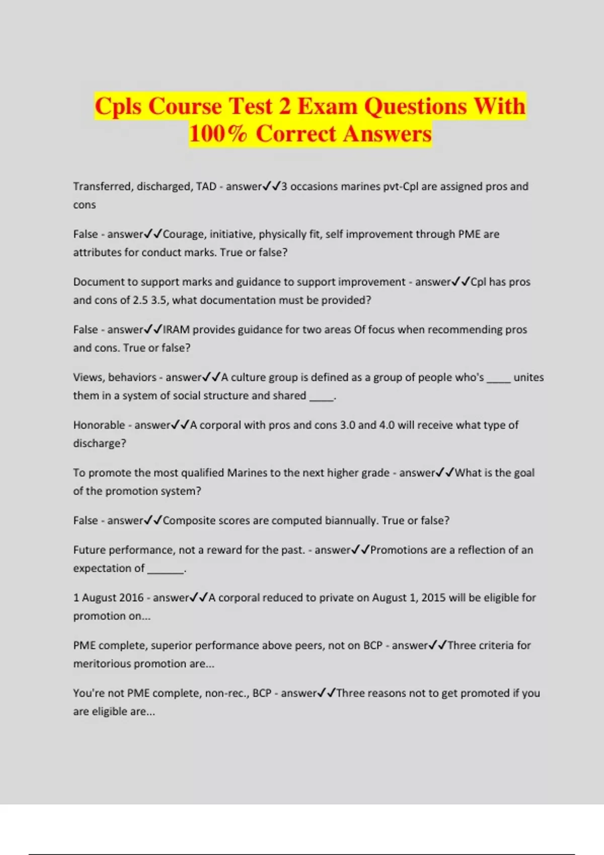 Cpls Course Test 2 Exam Questions With 100% Correct Answers - Corporals ...