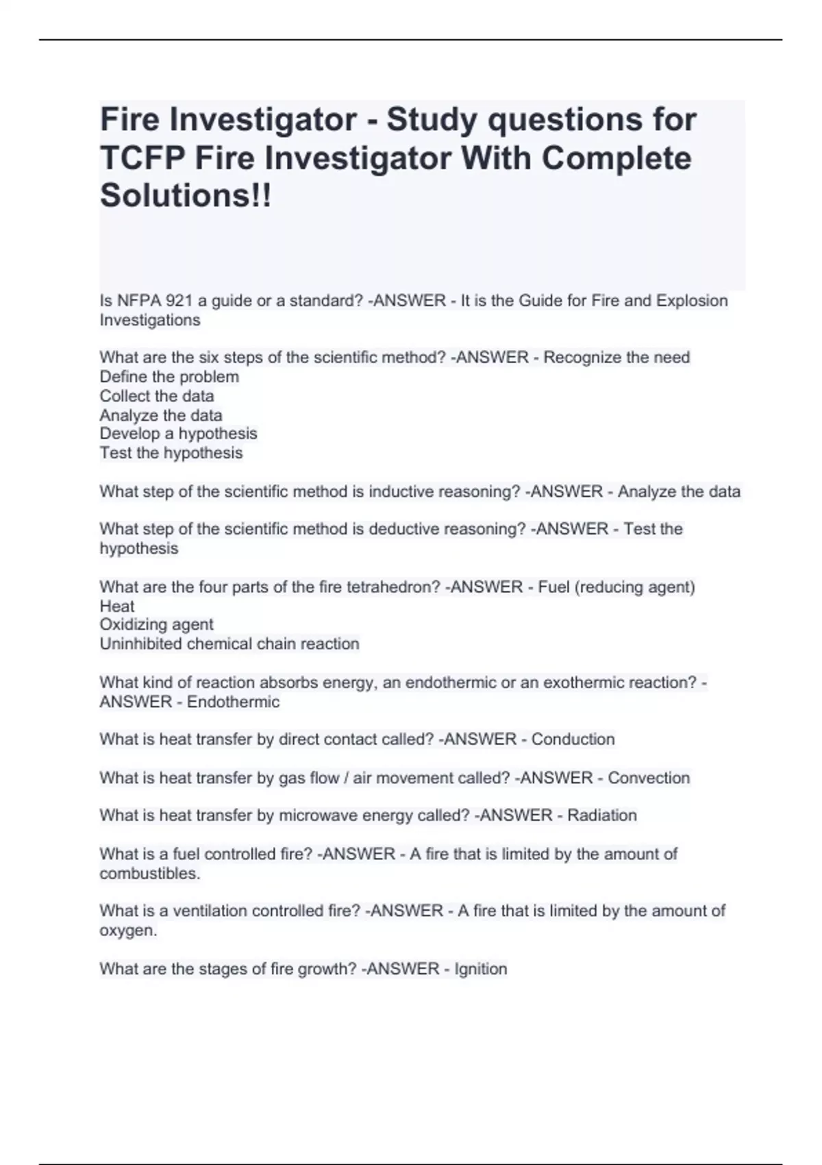 Fire Investigator - Study questions for TCFP Fire Investigator With ...