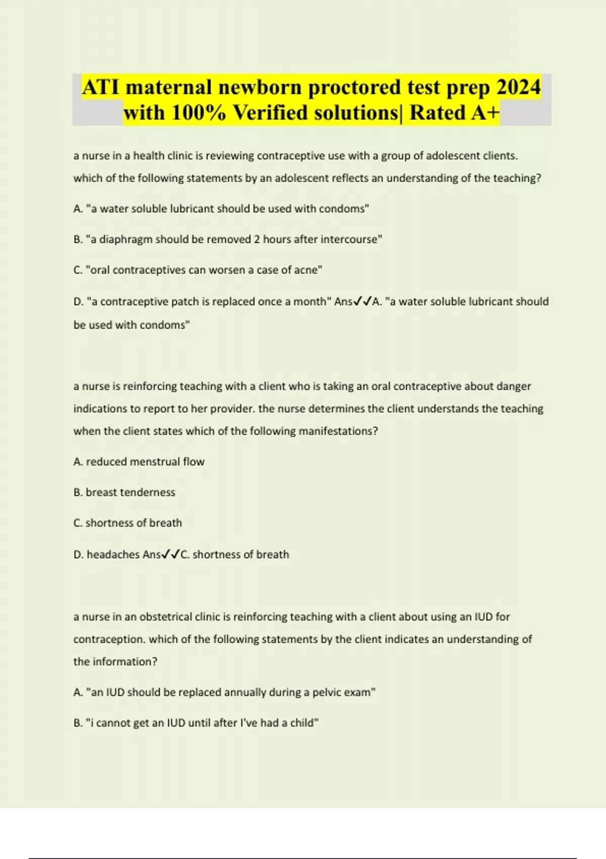 ATI maternal newborn proctored test prep 2024 with 100% Verified ...