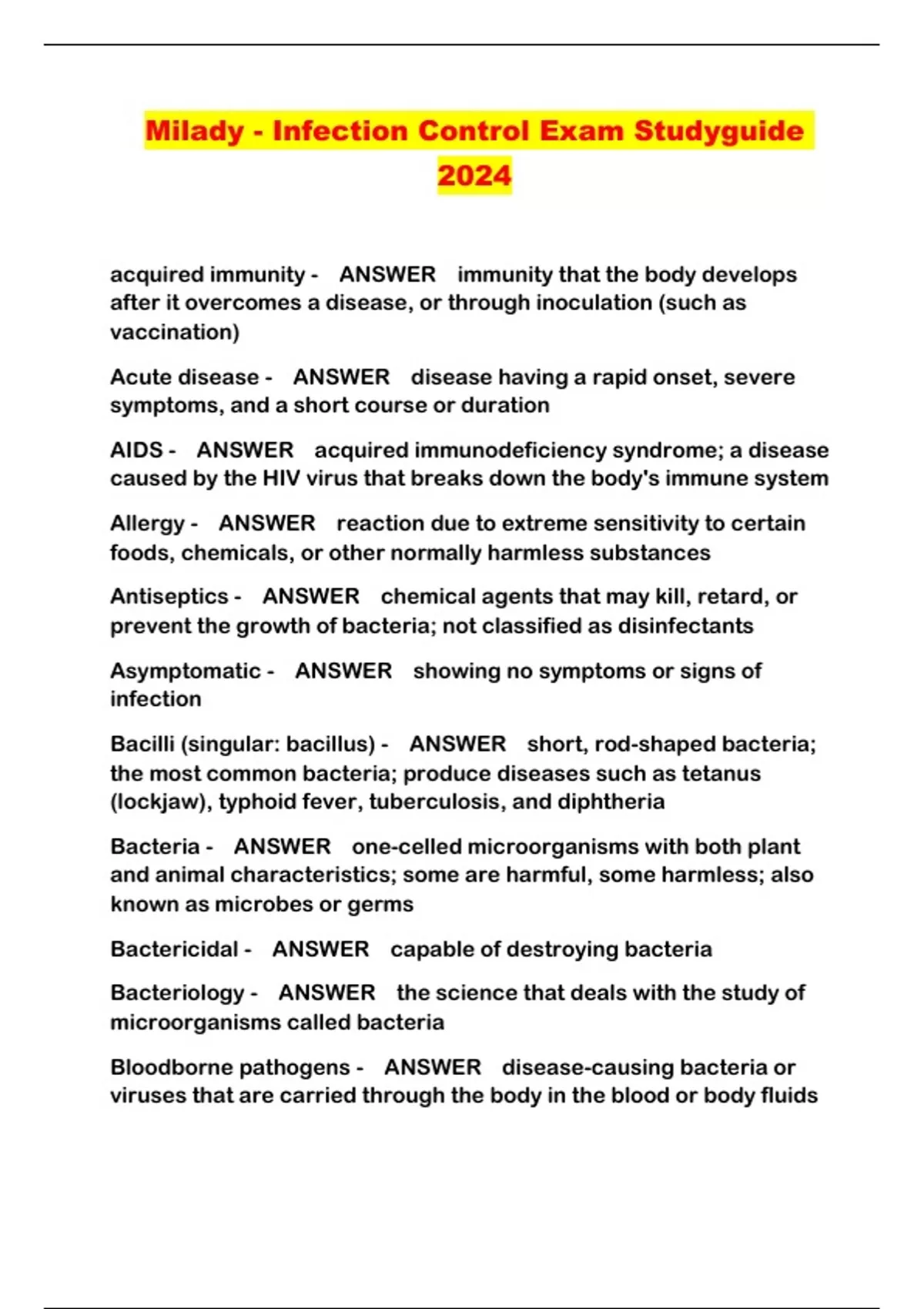 Milady - Infection Control Exam Studyguide 2024 - Milady - Infection Control - Stuvia UK