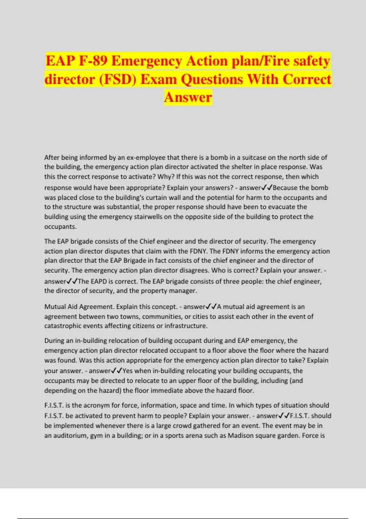 EAP F-89 Emergency Action plan/Fire safety director (FSD) Exam ...