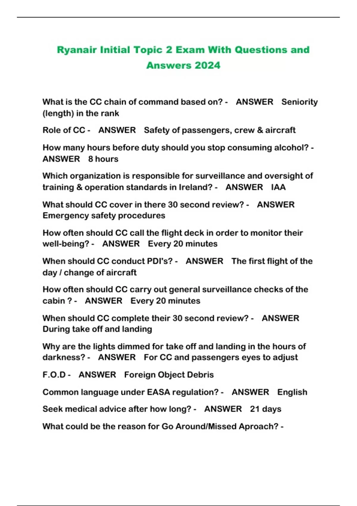 Ryanair Initial Topic 2 Exam With Questions and Answers 2024 - Ryanair Initial - Stuvia US