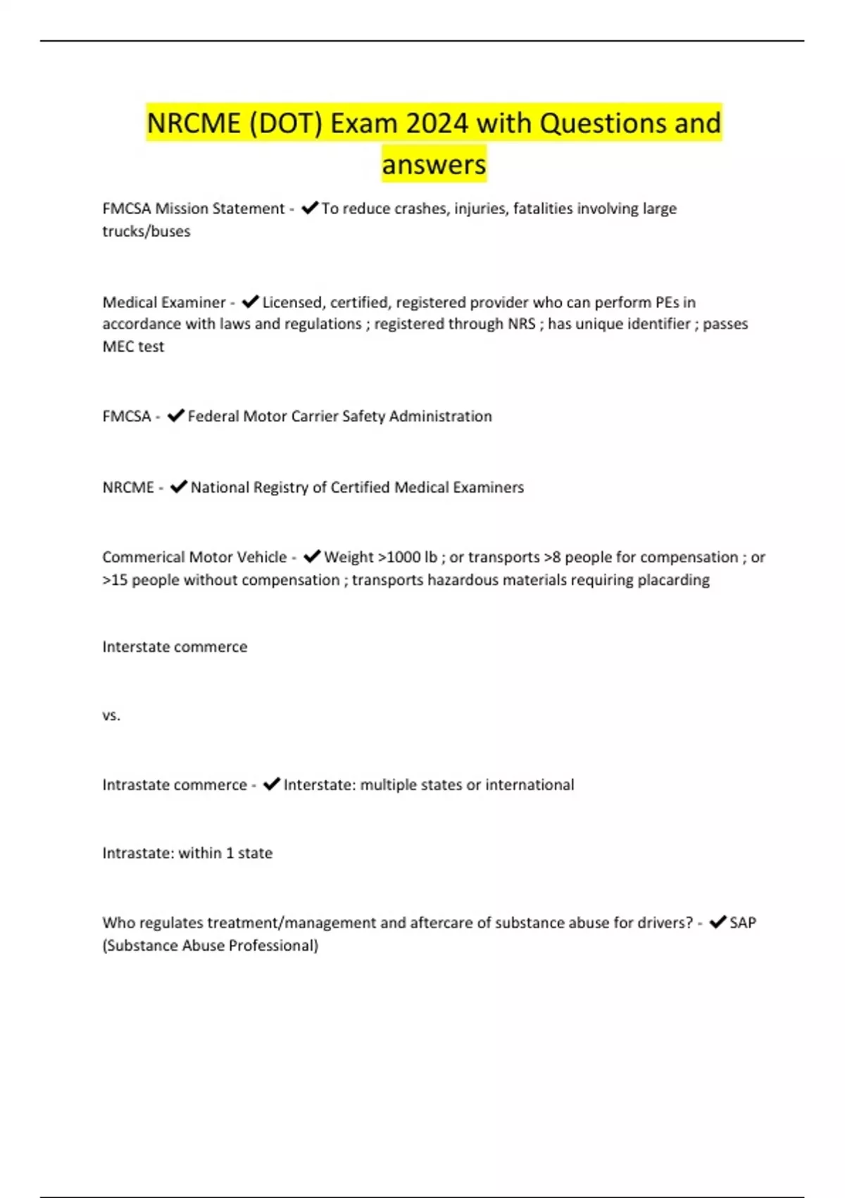 NRCME (DOT) Exam 2024 with Questions and answers - NRCME - Stuvia US