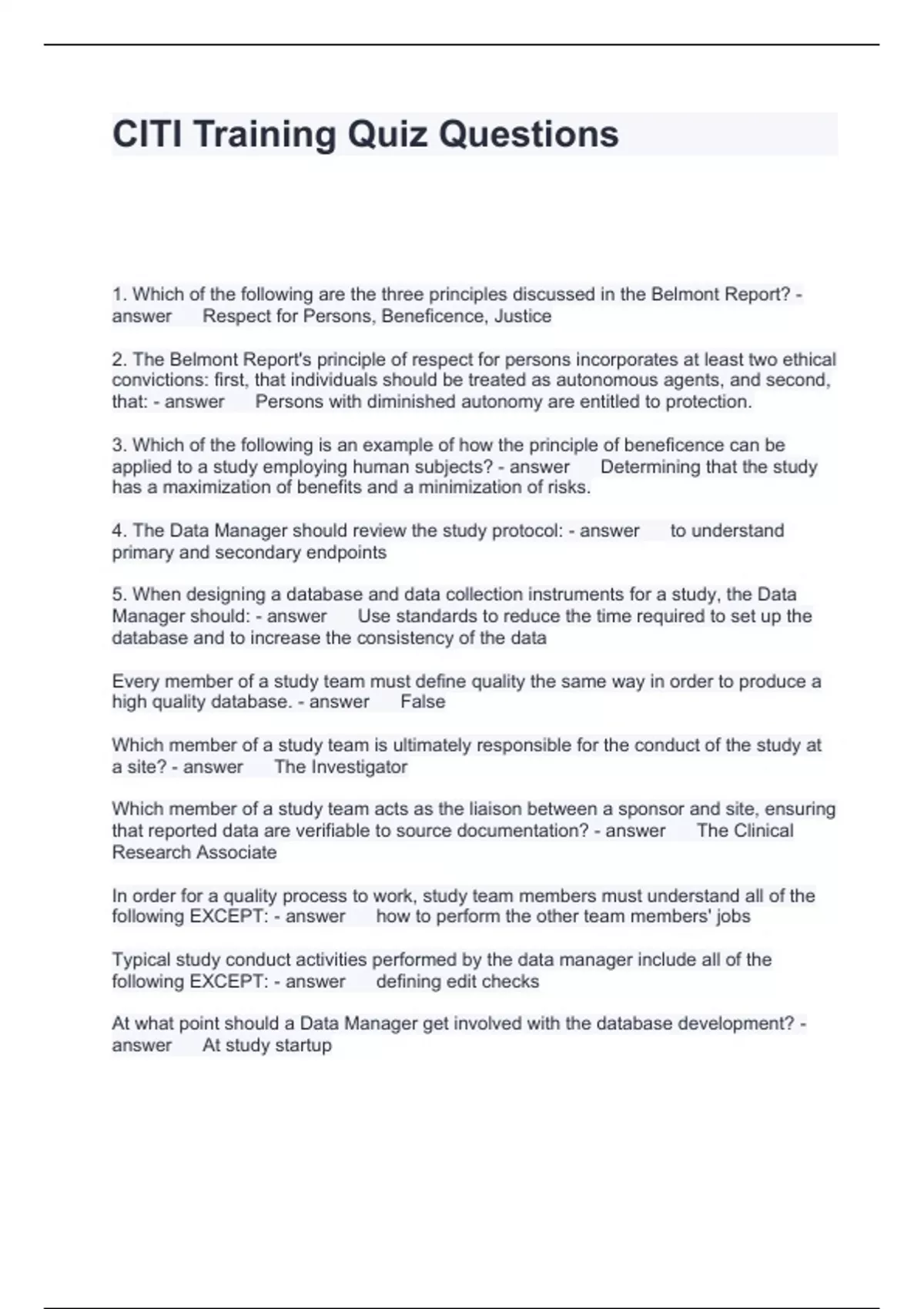 CITI Training Quiz Questions and Answers 100% Accurate - CITI - Stuvia US