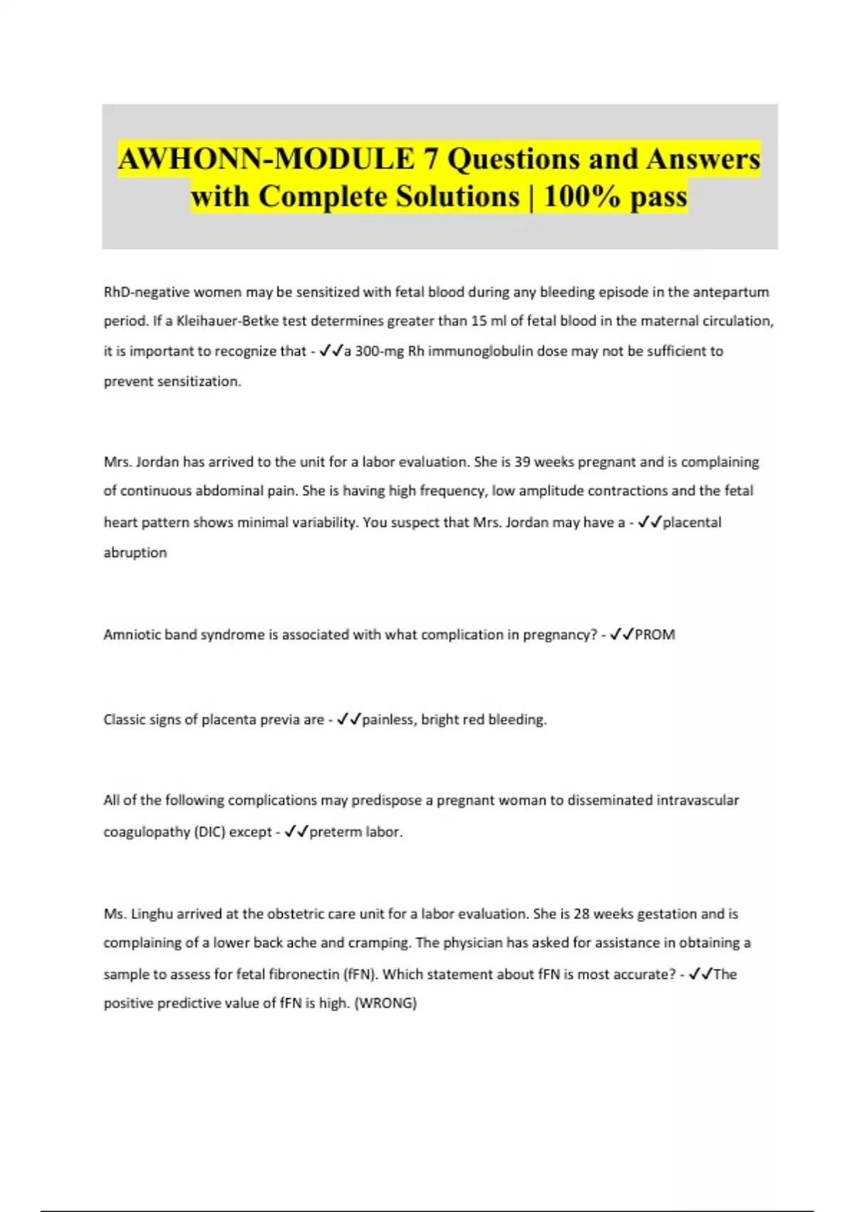 AWHONN-MODULE 7 Questions and Answers with Complete Solutions | 100% ...
