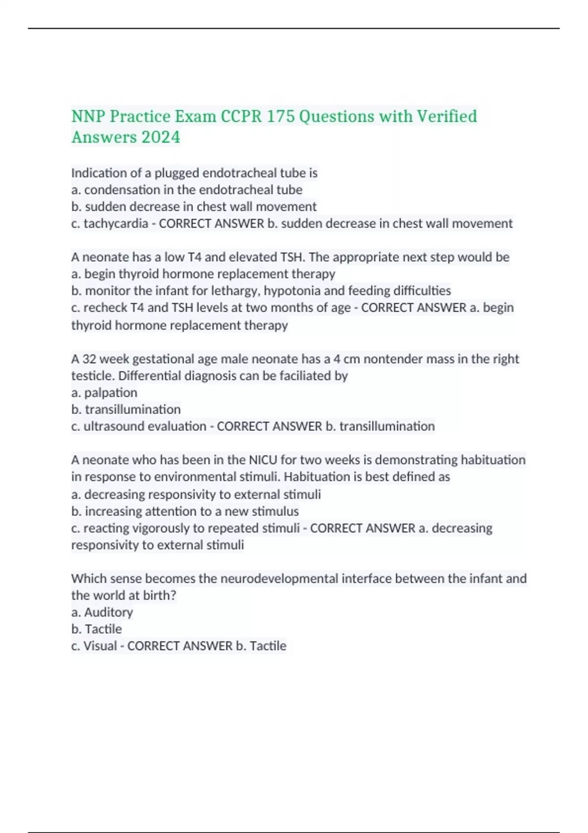 NNP Practice Exam CCPR 175 Questions with Verified Answers 2024 ,100% ...