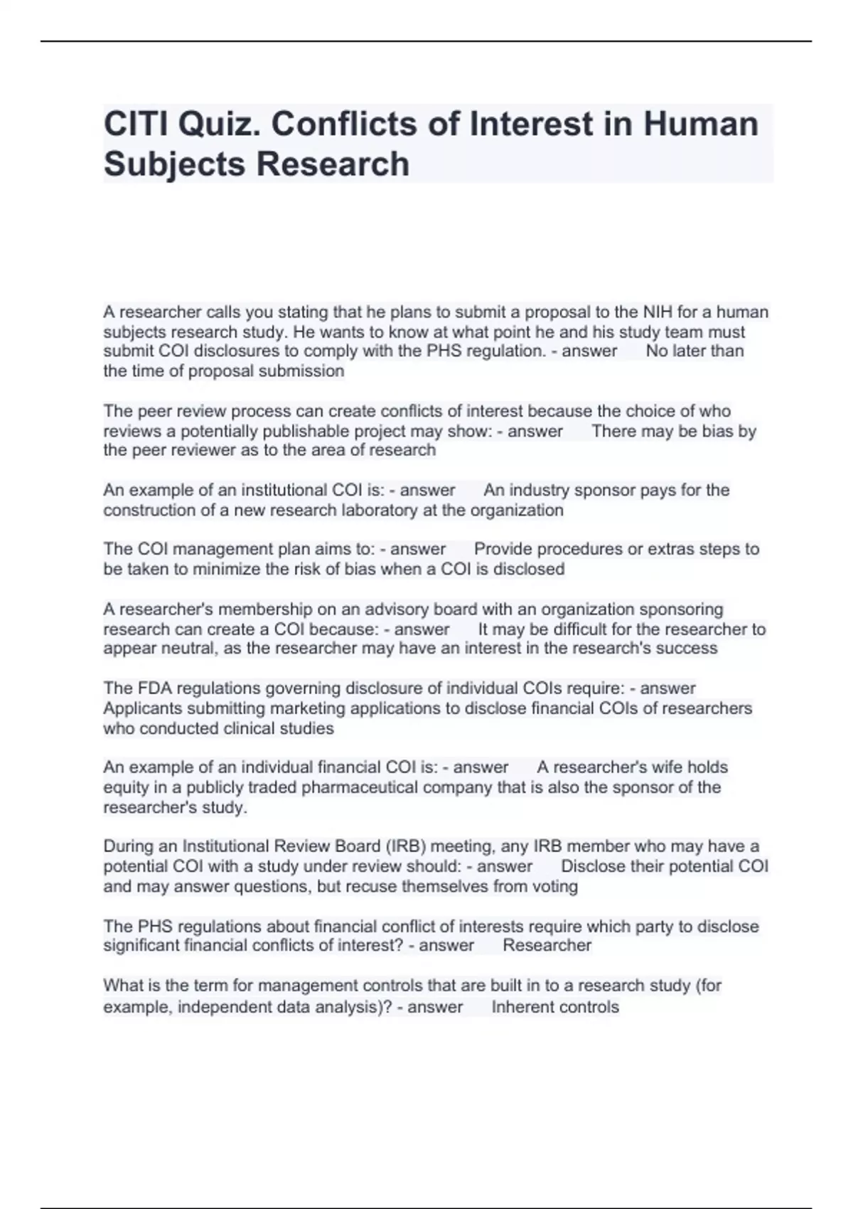 CITI Quiz. Conflicts of Interest in Human Subjects Research Questions ...