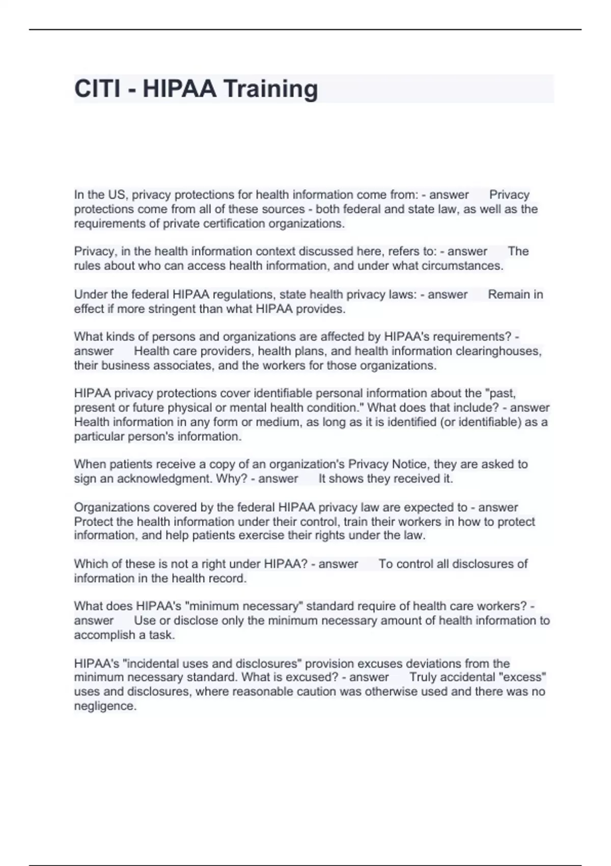 CITI - HIPAA Training Questions and Answers 2024 - CITI - Stuvia US