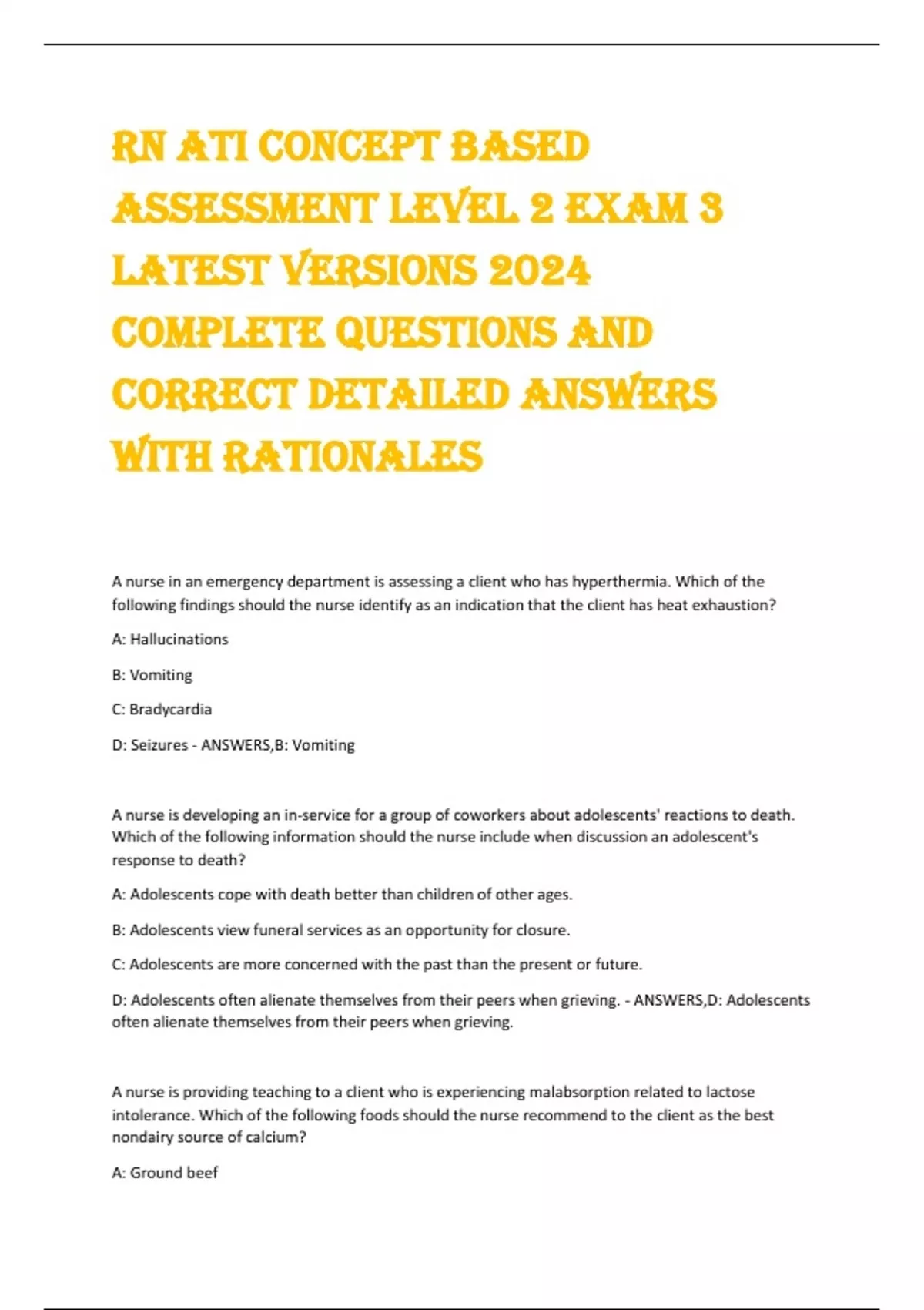 RN ATI CONCEPT BASED ASSESSMENT LEVEL 2 EXAM 3 LATEST VERSIONS 2024 ...