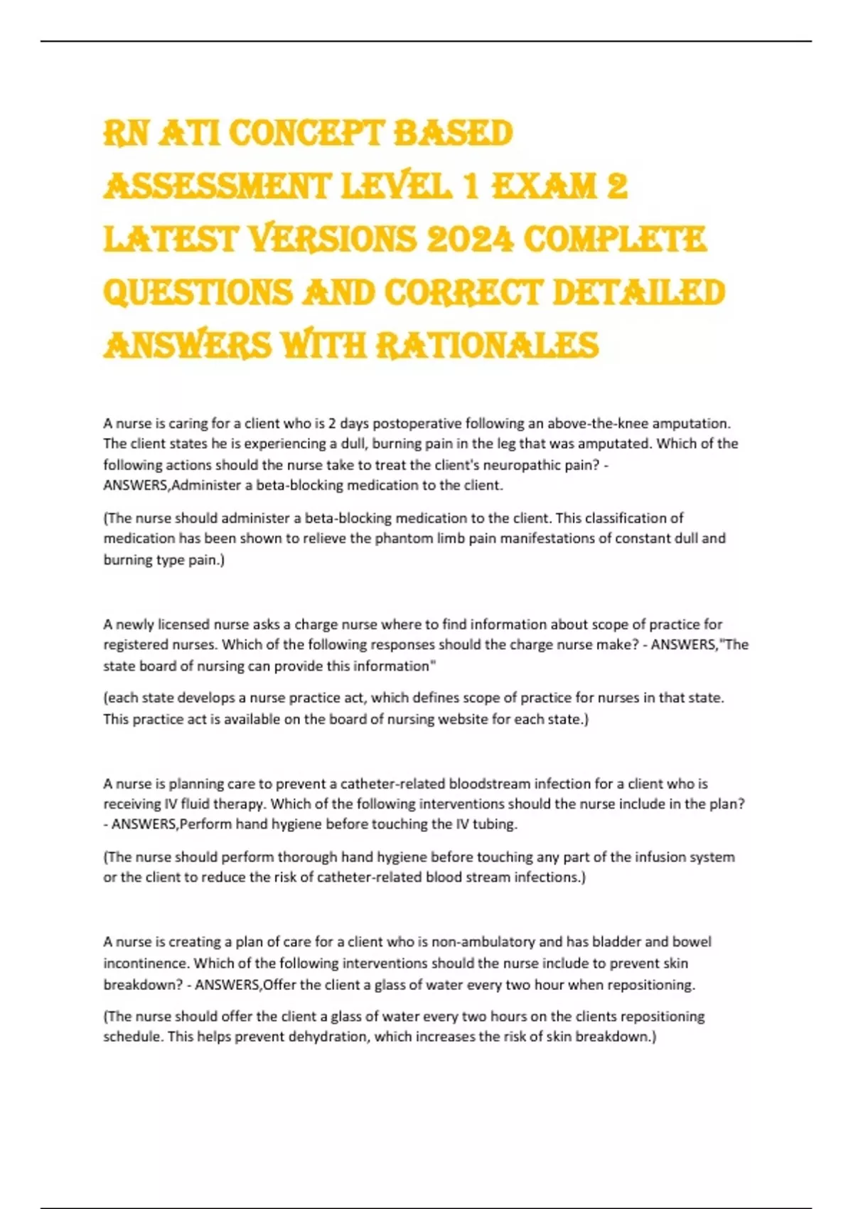 RN ATI CONCEPT BASED ASSESSMENT LEVEL 1 EXAM 2 LATEST VERSIONS 2024 ...