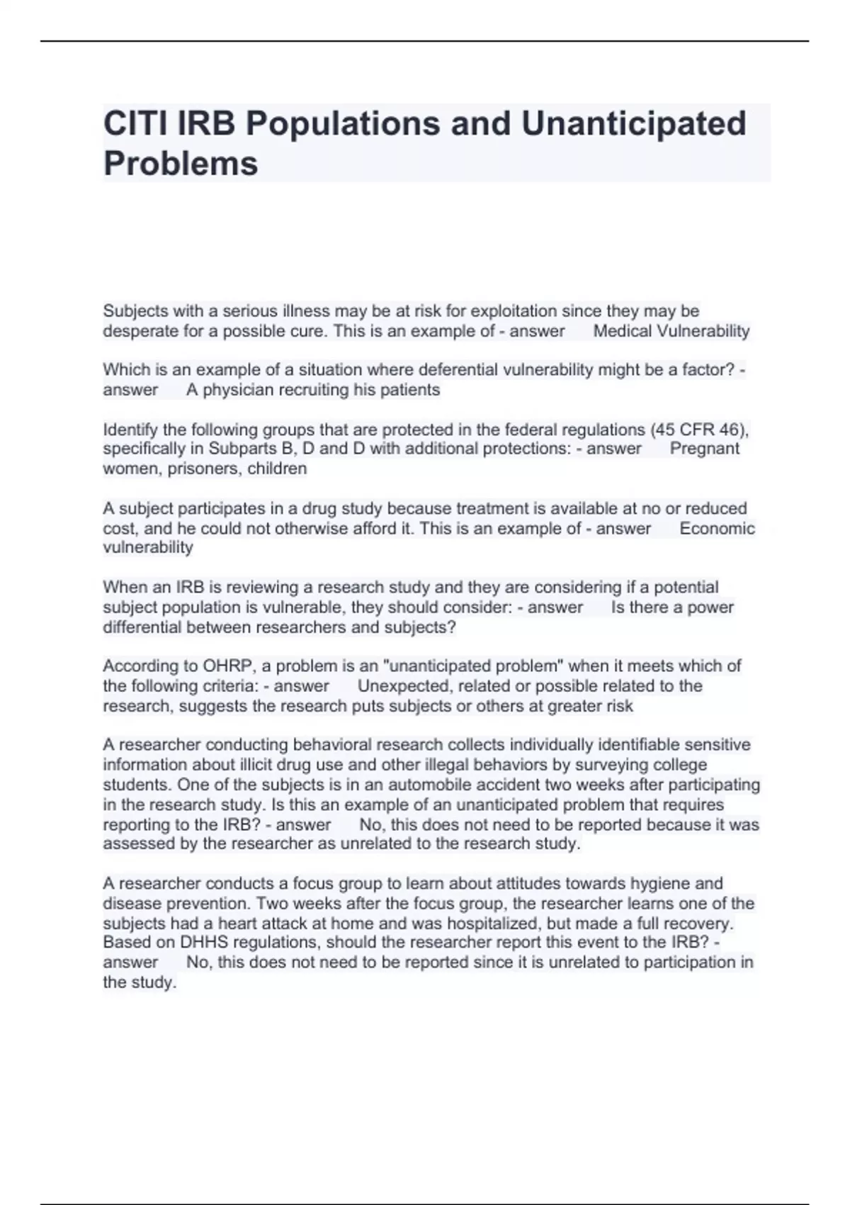 CITI IRB Populations and Unanticipated Problems Questions and Answers ...