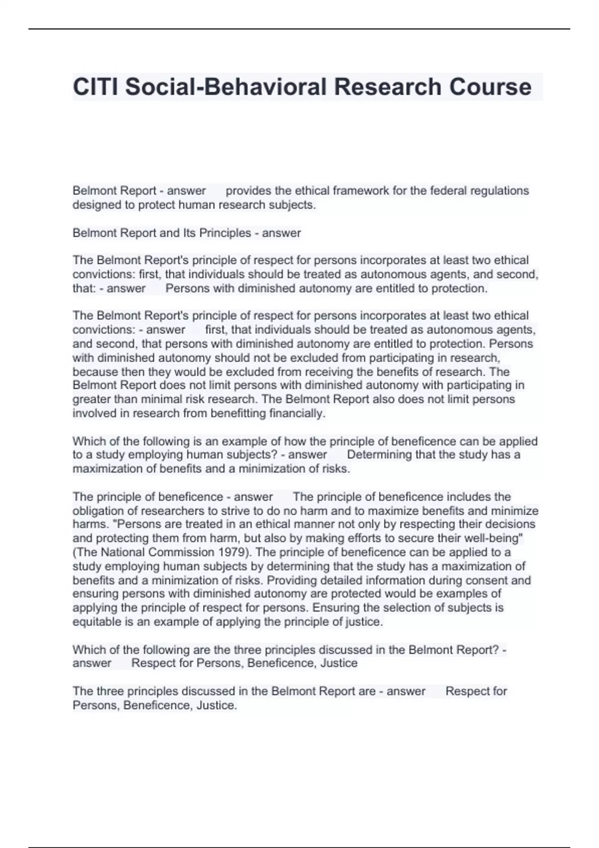 CITI Social-Behavioral Research Course Questions with solutions 2024 ...