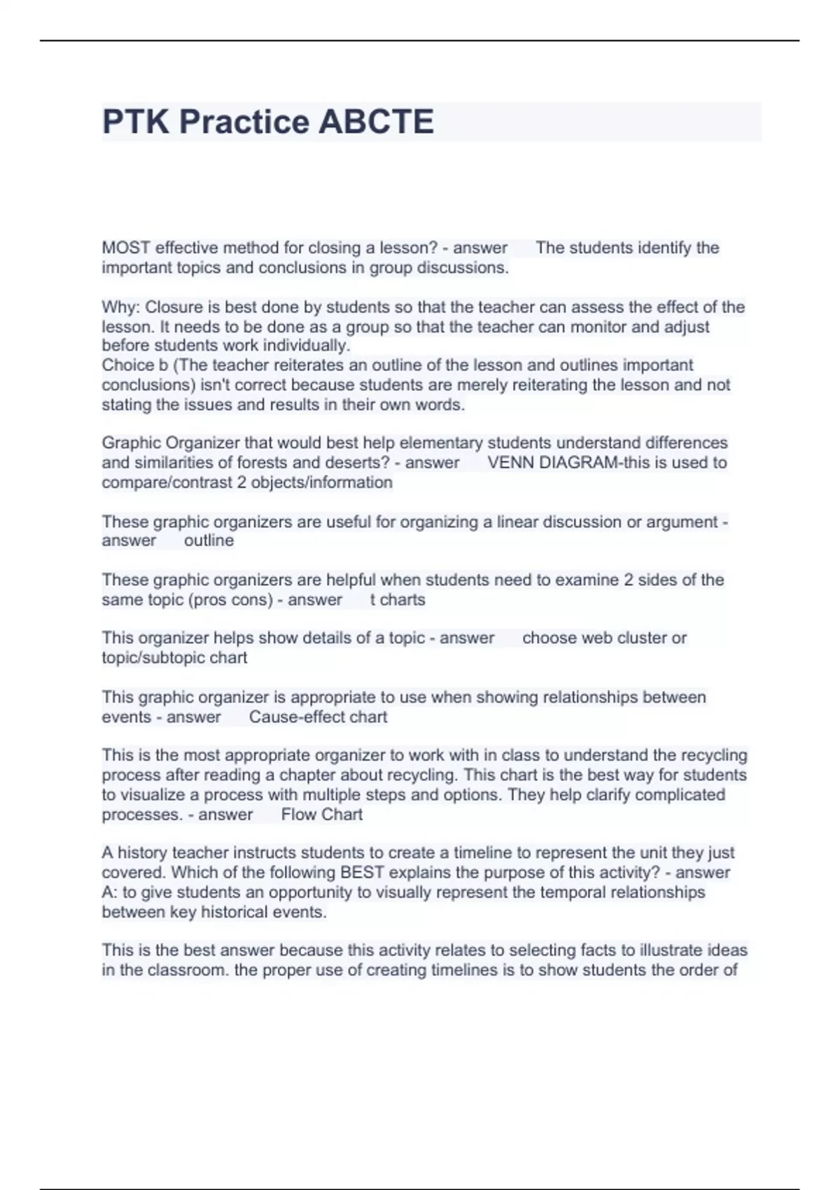 PTK Practice ABCTE Questions with correct Answers 2024 - ABCTE - Stuvia US