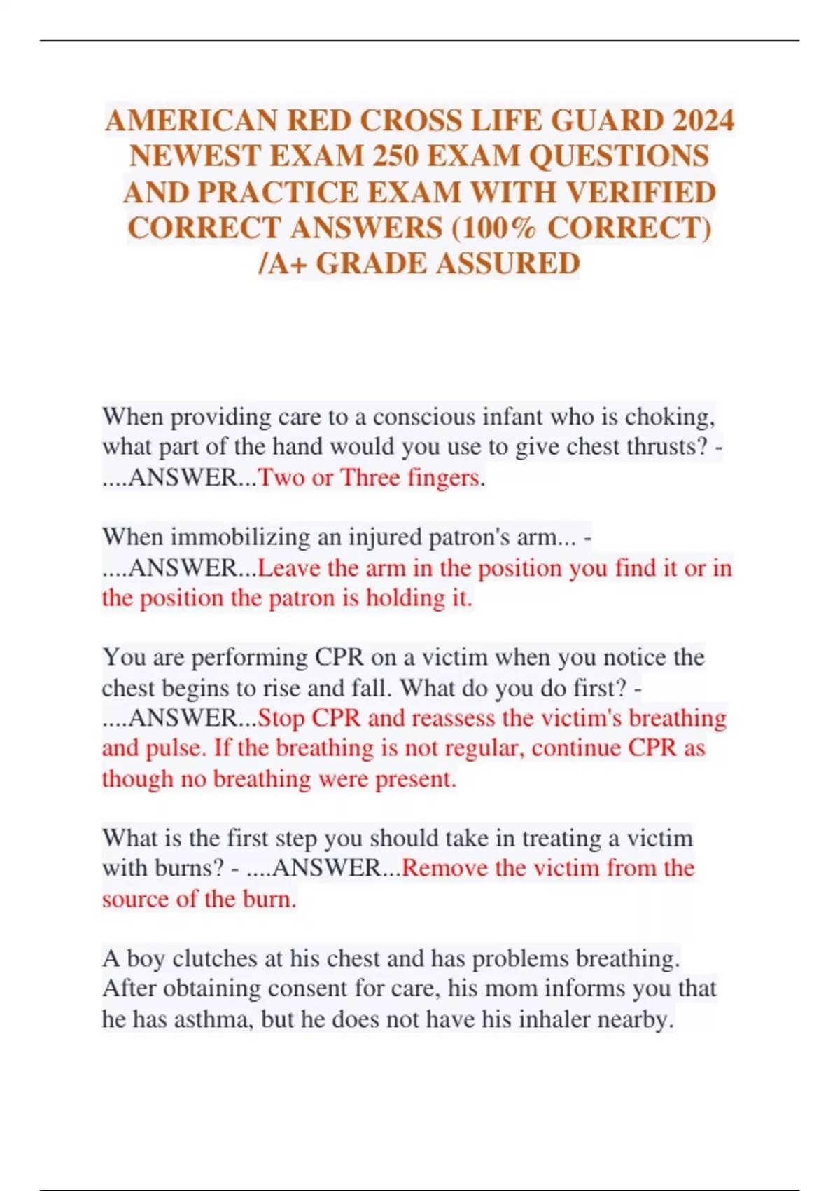 AMERICAN RED CROSS LIFE GUARD 2024 NEWEST EXAM 250 EXAM QUESTIONS AND ...