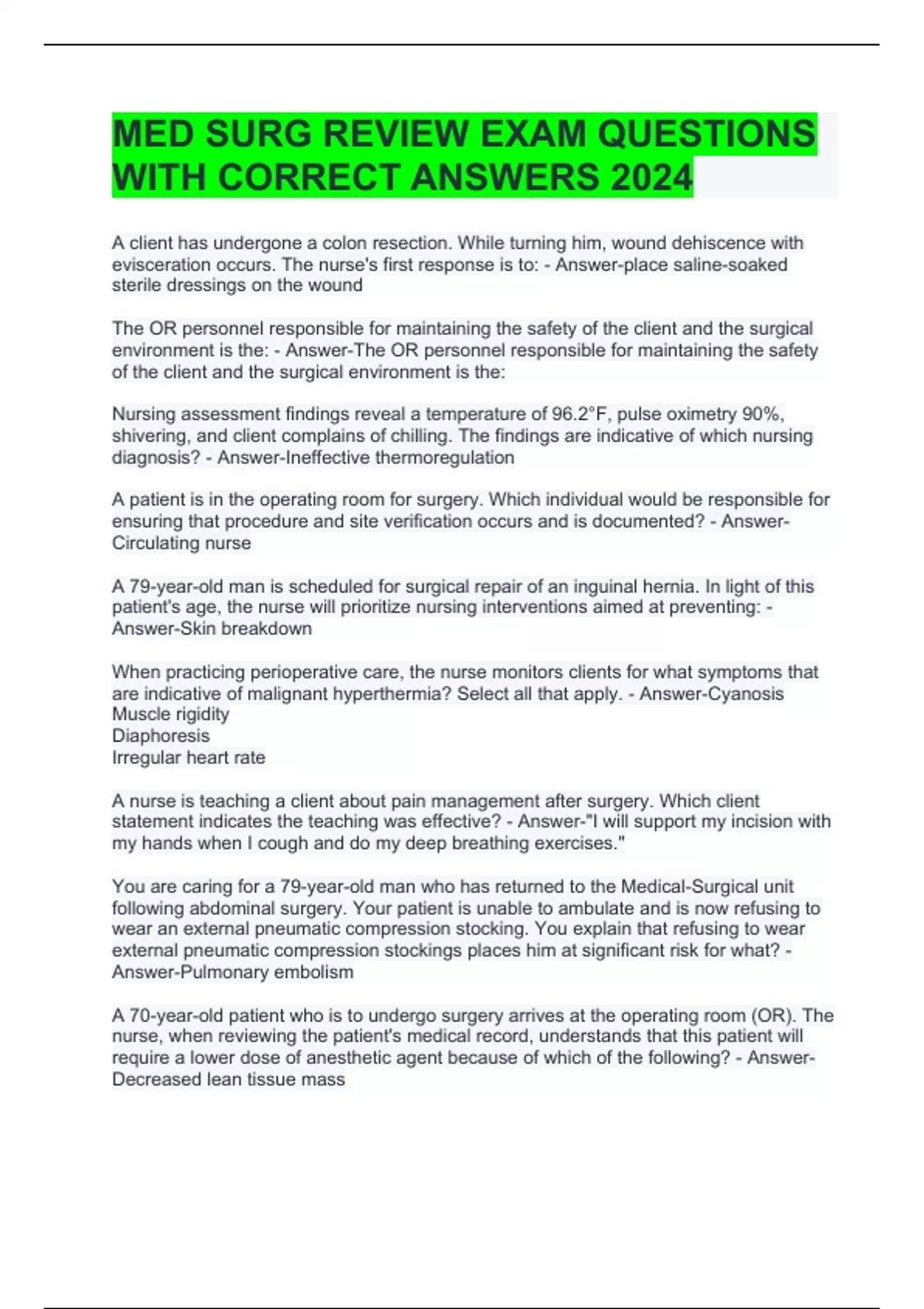 MED SURG REVIEW EXAM QUESTIONS WITH CORRECT ANSWERS 2024 - MEDICAL ...