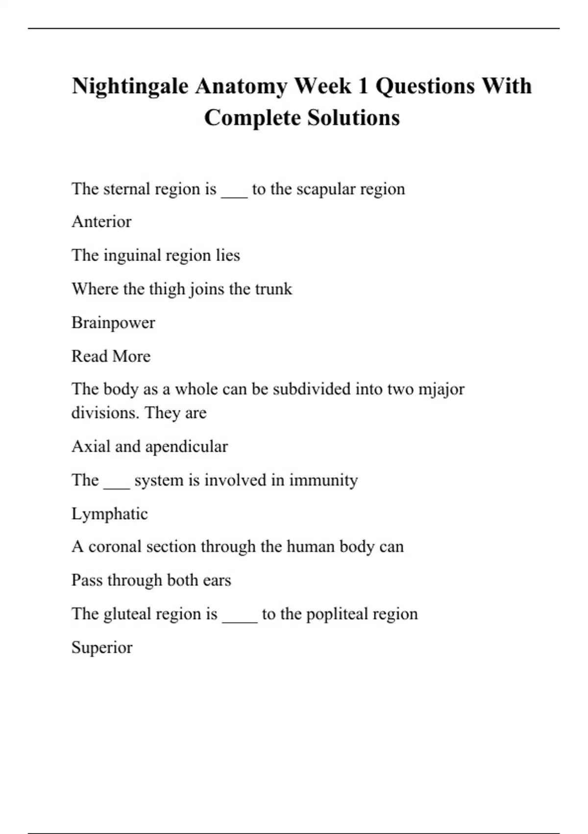 Nightingale Anatomy Week 1 Questions With Complete Solutions - Anatomy ...