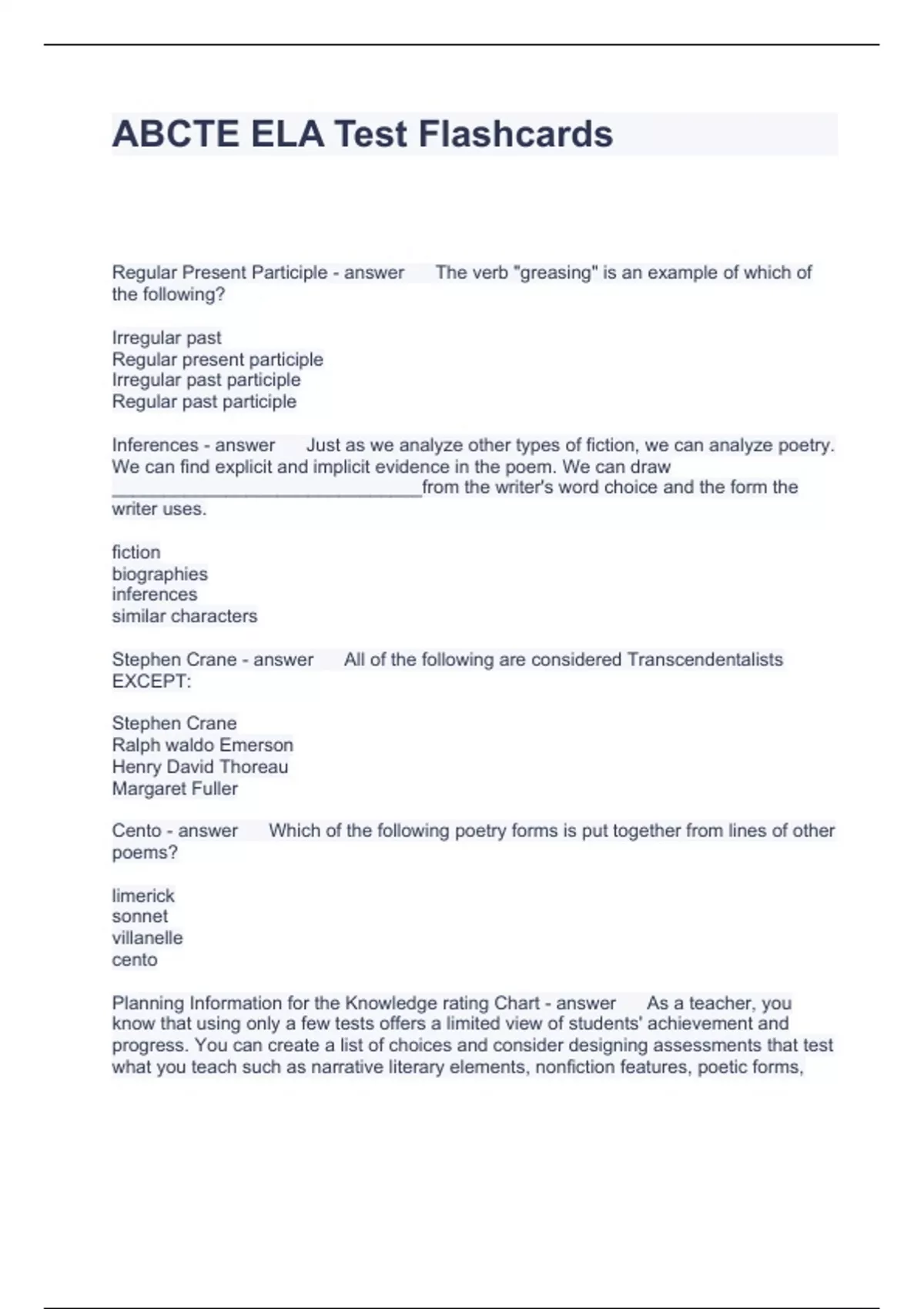 ABCTE ELA Test Flashcards Questions and Answers 100% Accurate - ABCTE ...