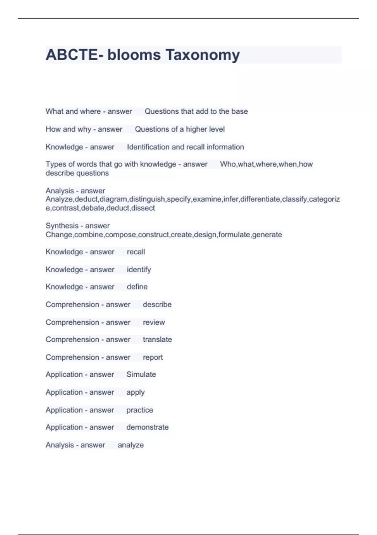 ABCTE- blooms Taxonomy Questions and Answers 100% correct - ABCTE ...
