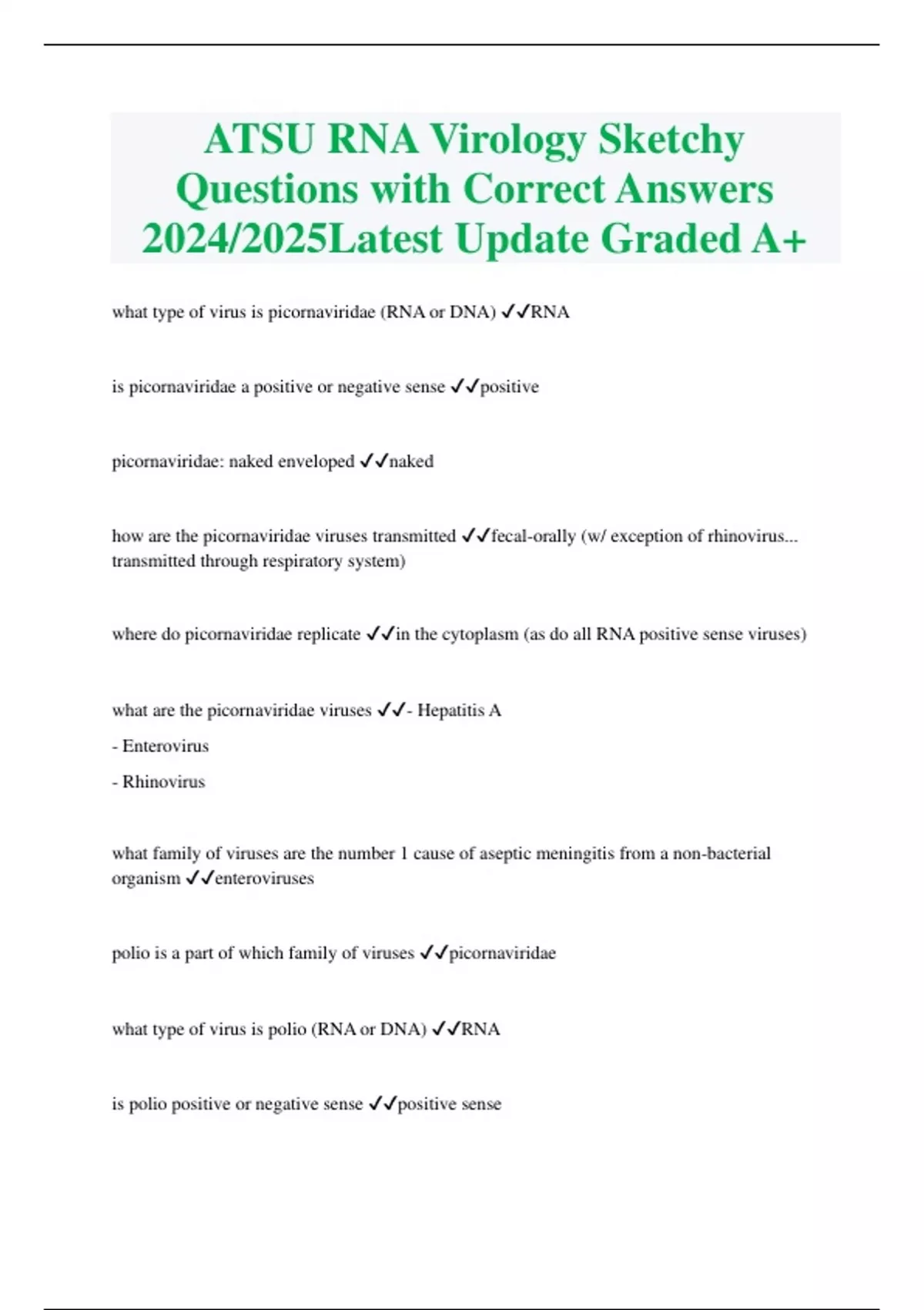 ATSU RNA Virology Sketchy Questions with Correct Answers 2024 ...