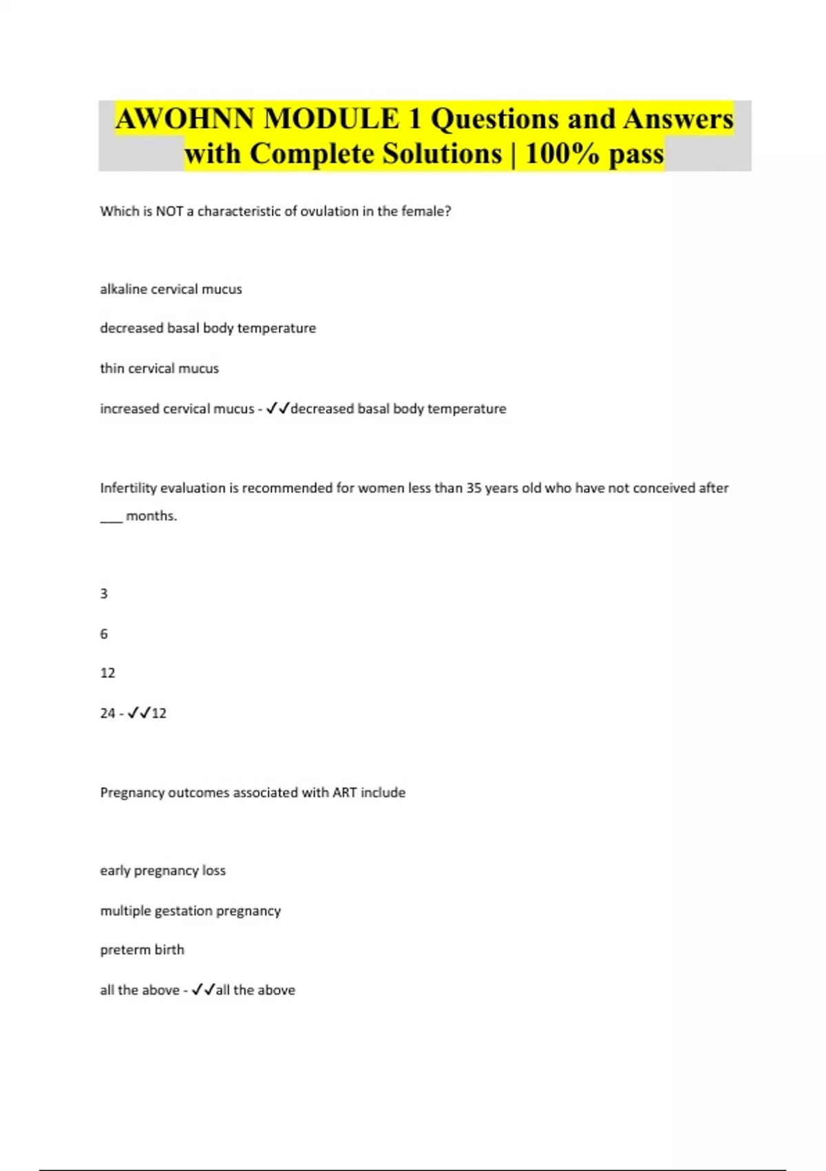 AWOHNN MODULE 1 Questions and Answers with Complete Solutions | 100% ...