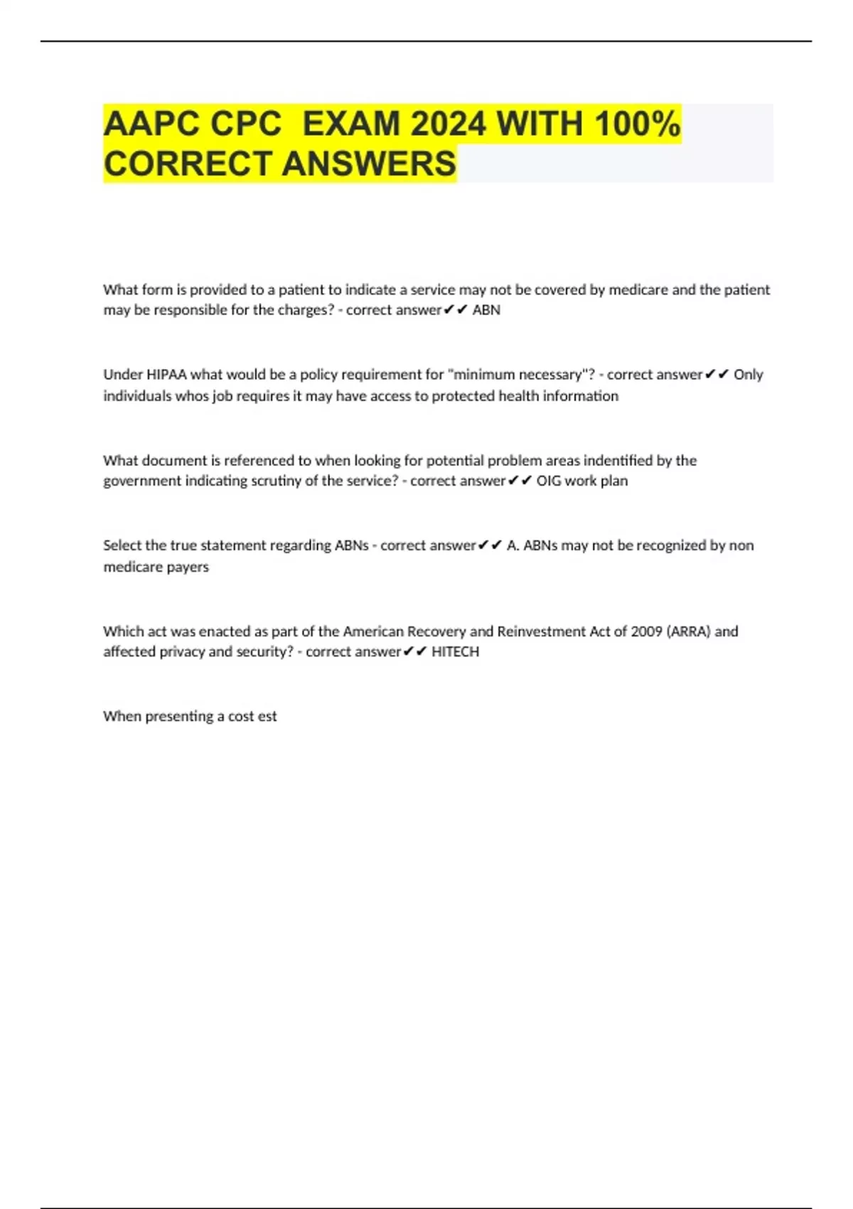 AAPC CPC EXAM 2024 WITH 100% CORRECT ANSWERS - AAPC CPC - Stuvia US